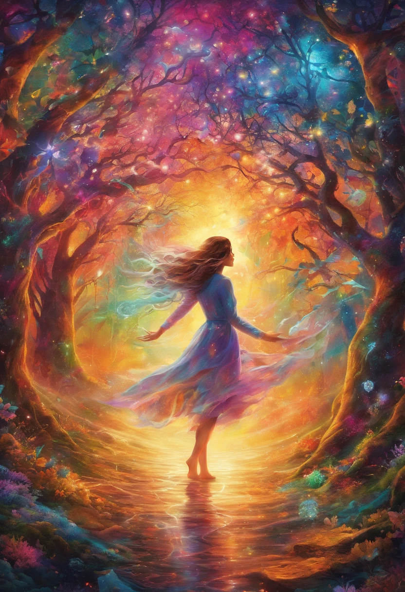 A painting of a woman walking through a forest with a light shining ...