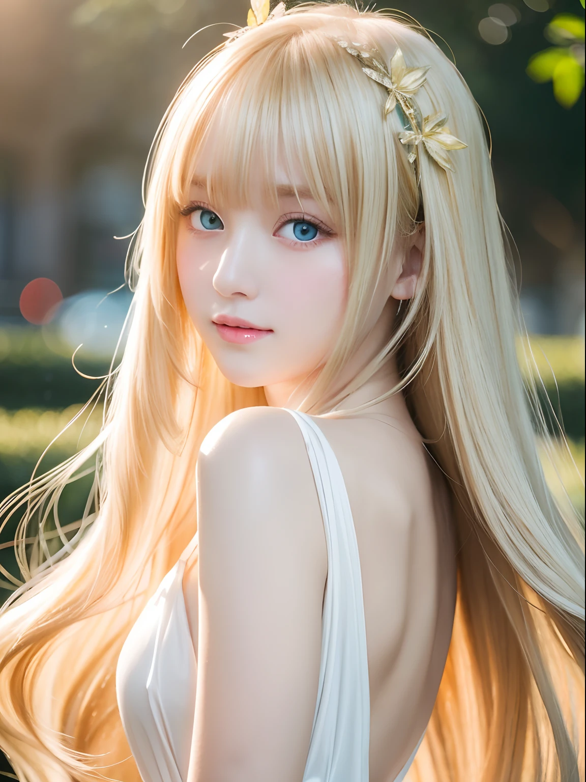 A close up of a woman with long blonde hair and a flower in her hair - SeaArt AI
