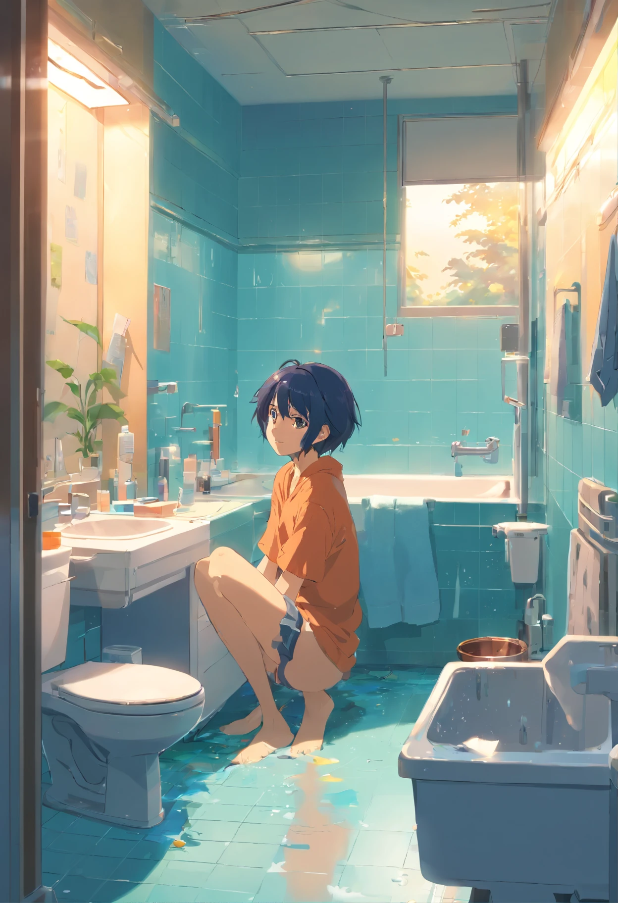 Anime girl sitting on the floor in a bathroom with a sink and toilet ...