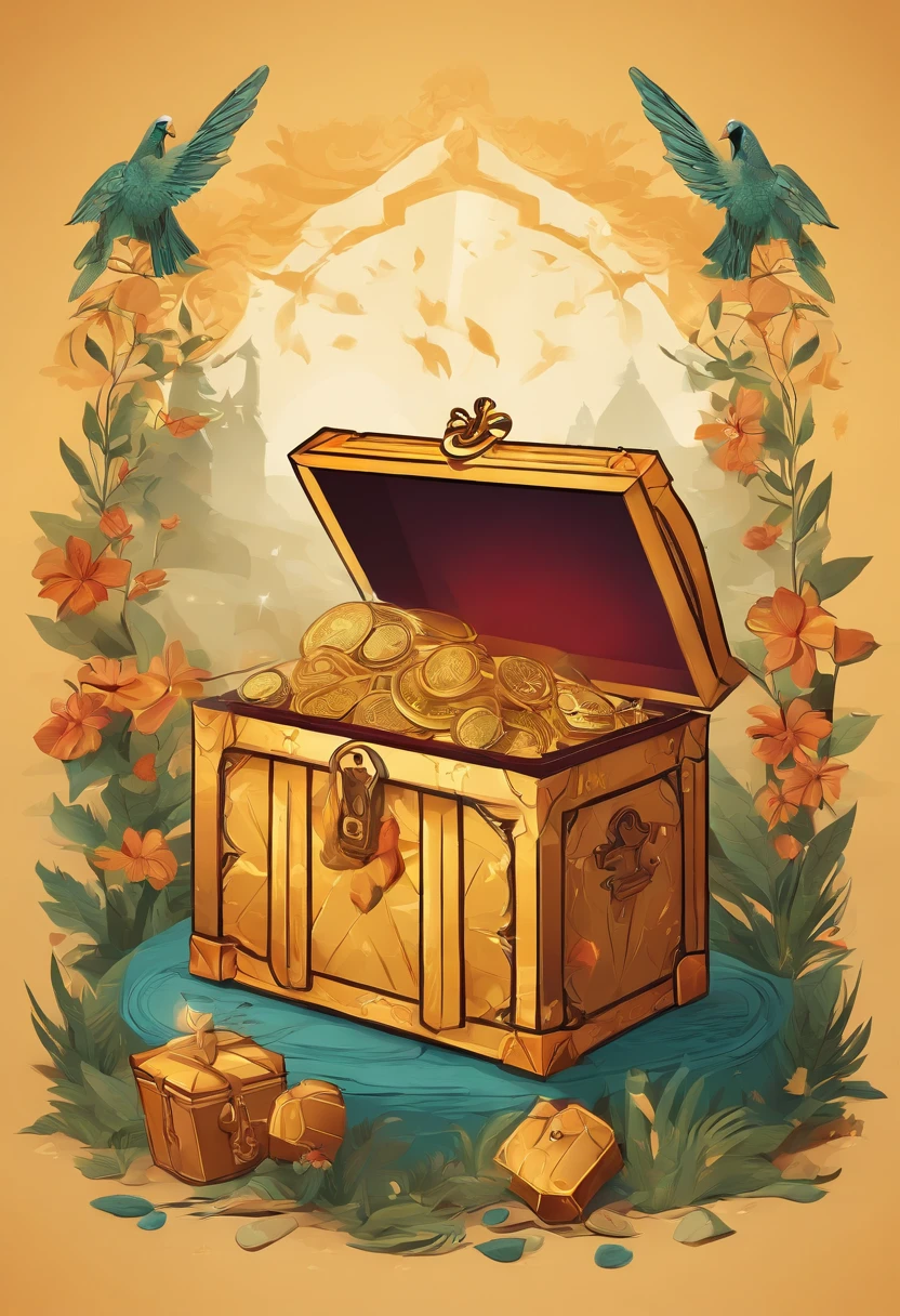 A cartoon illustration of a chest with gold coins and a bird - SeaArt AI