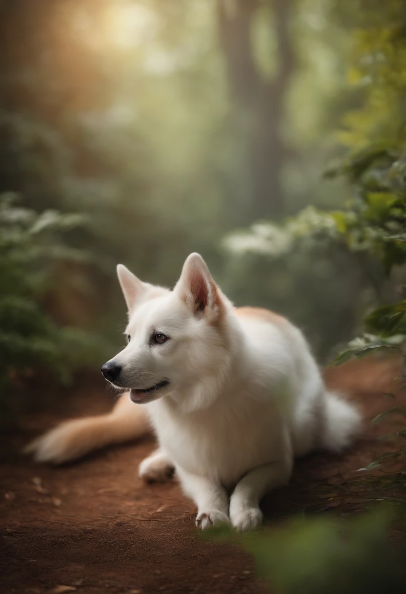 A close up of a dog laying on a dirt ground in the woods - SeaArt AI