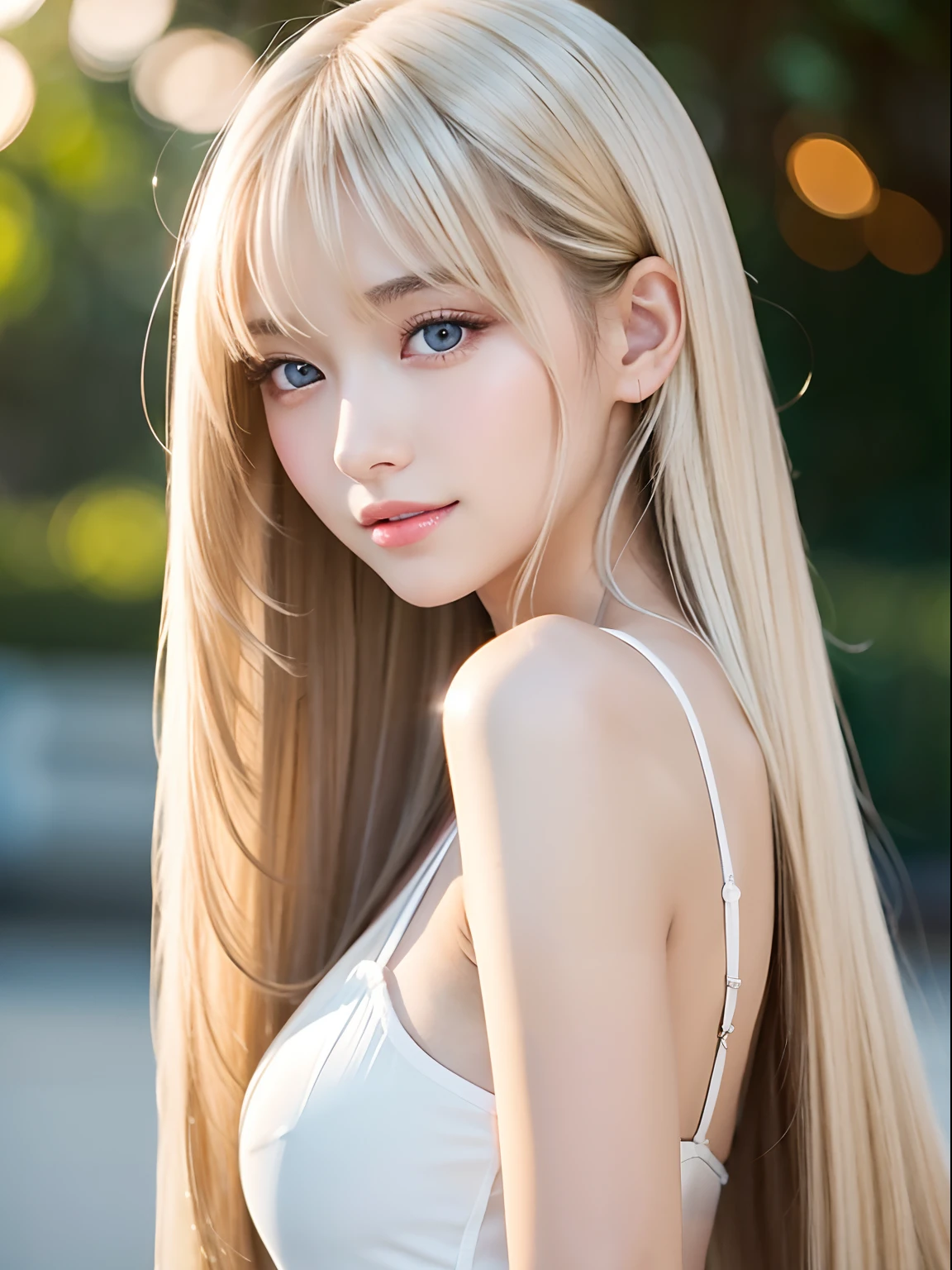 A close up of a woman with long blonde hair and blue eyes - SeaArt AI