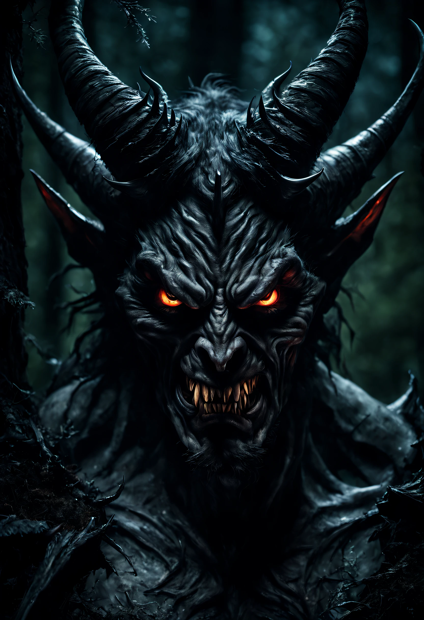 A close up of a demon with red eyes in the dark - SeaArt AI