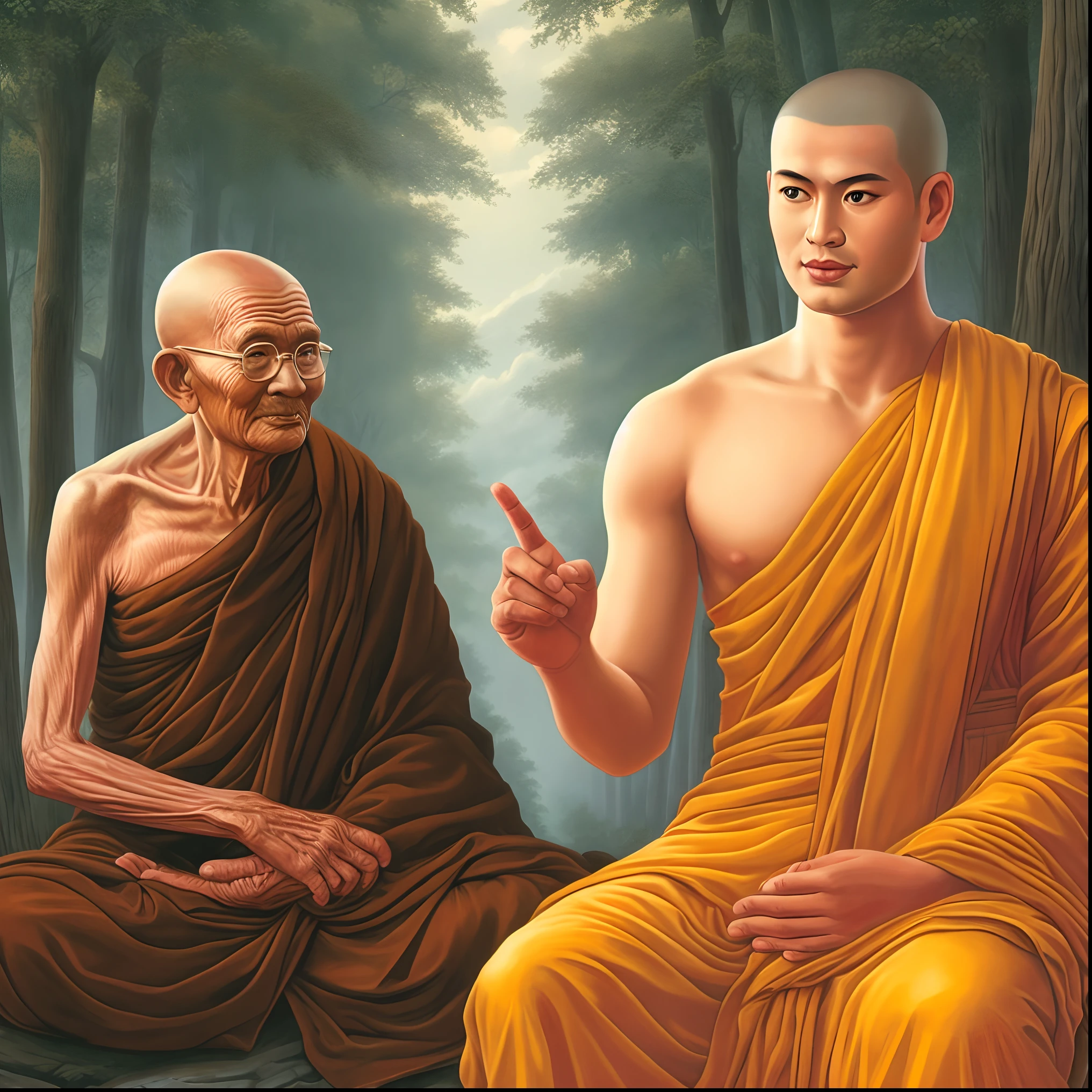 Painting of two monks sitting in a forest with trees in the background ...