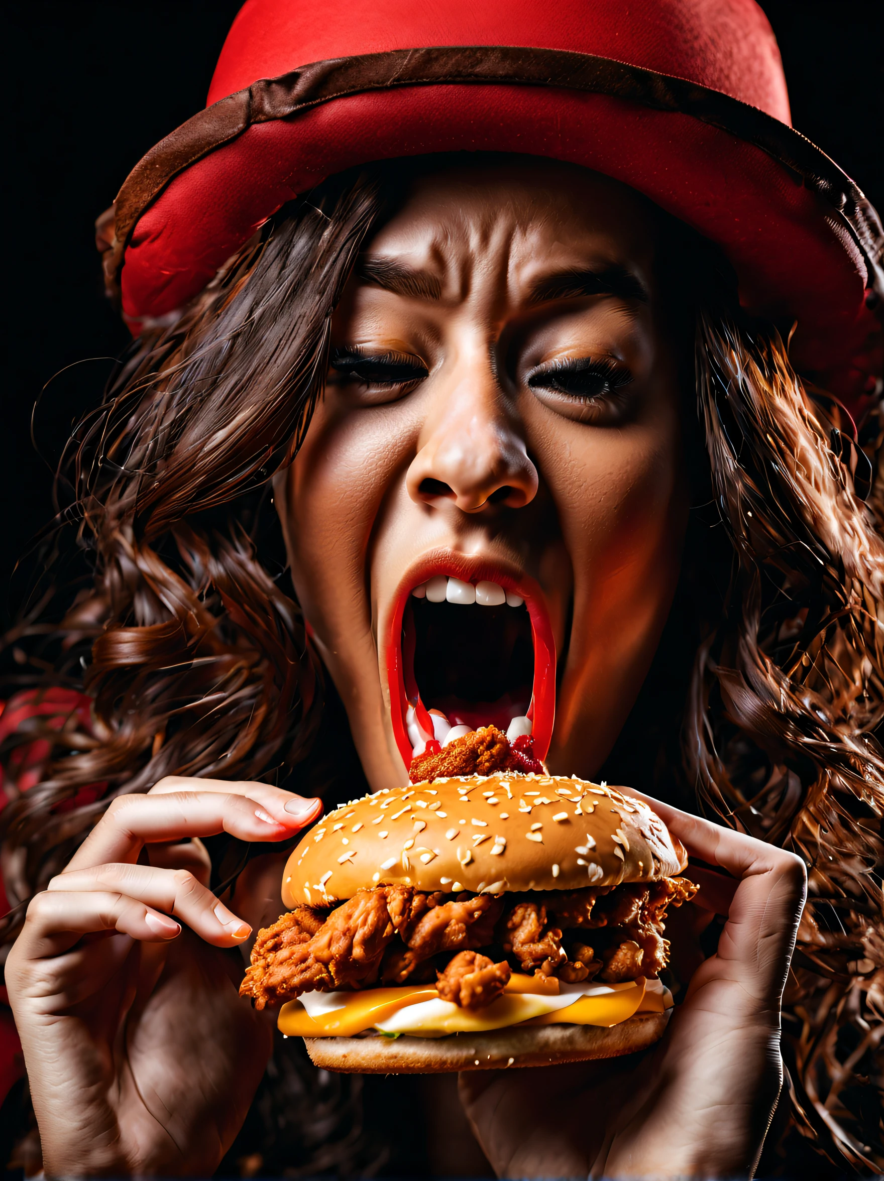 Araffe woman with mouth wide open eating a hamburger - SeaArt AI
