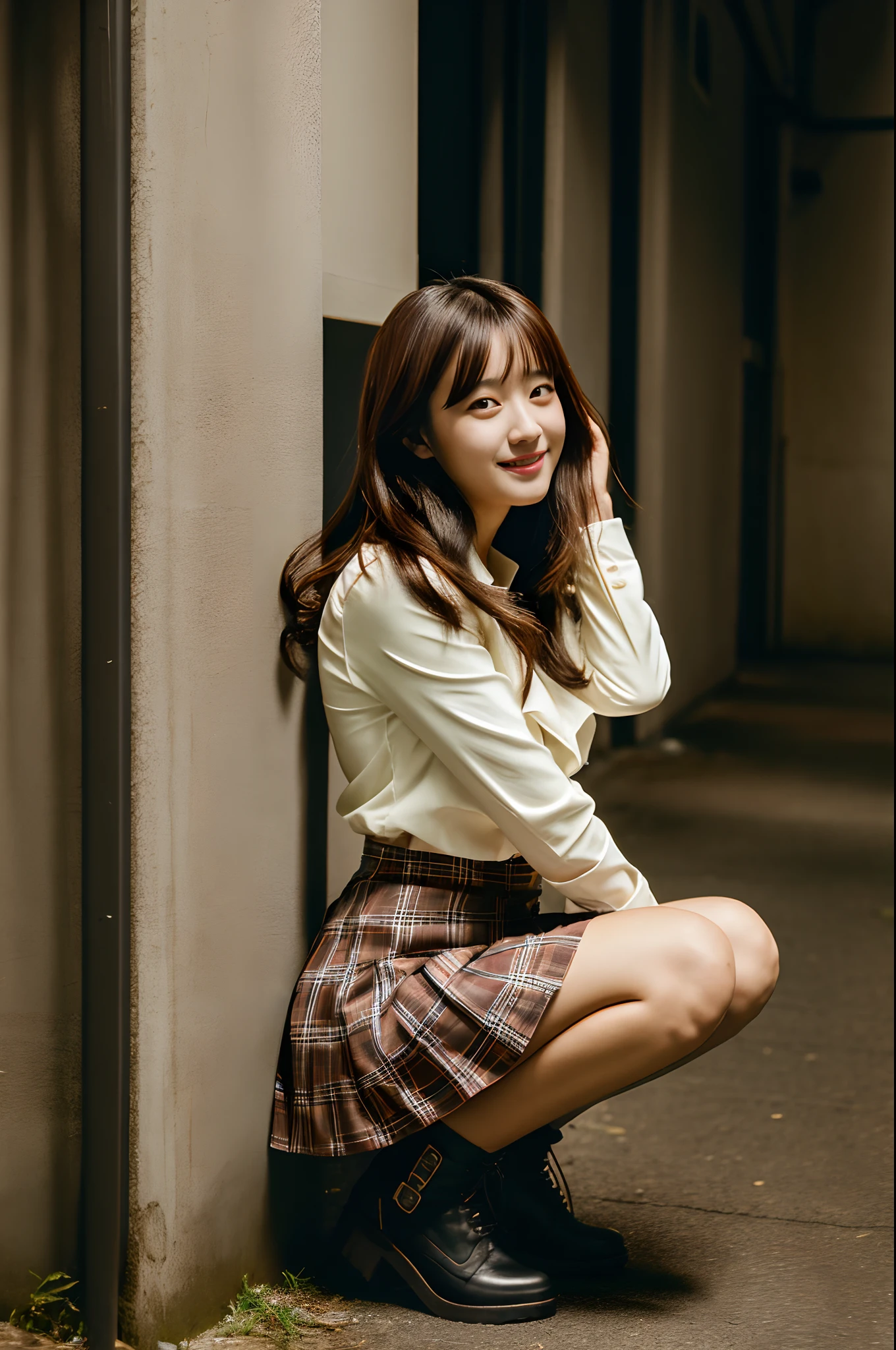 A woman in a skirt and shirt sitting on the ground - SeaArt AI