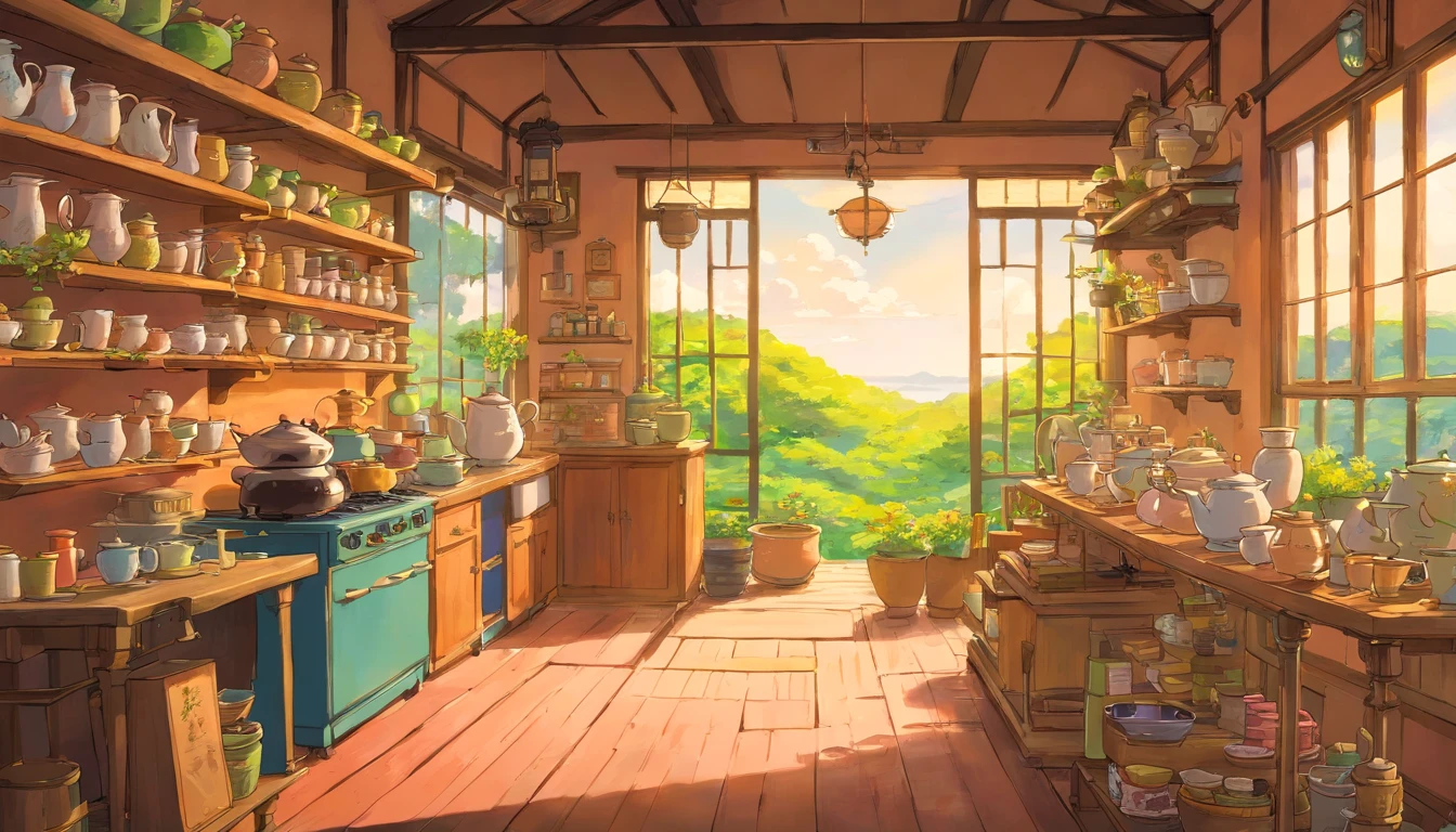 Anime kitchen with a view of the mountains and trees - SeaArt AI