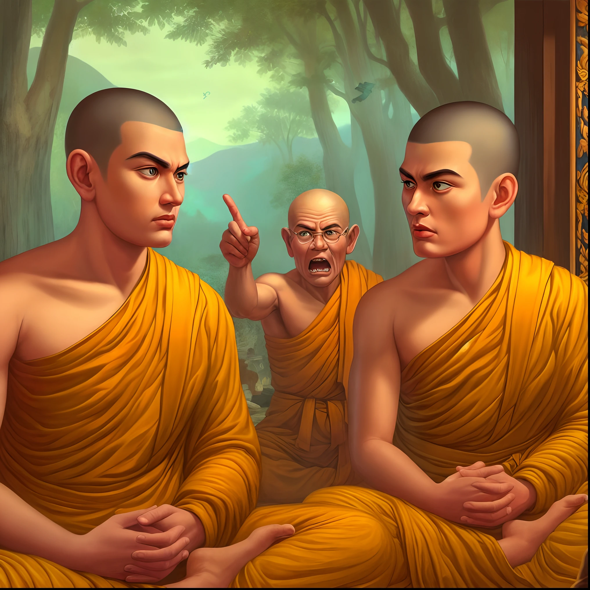 Three monks sitting in a row with one pointing at the other - SeaArt AI