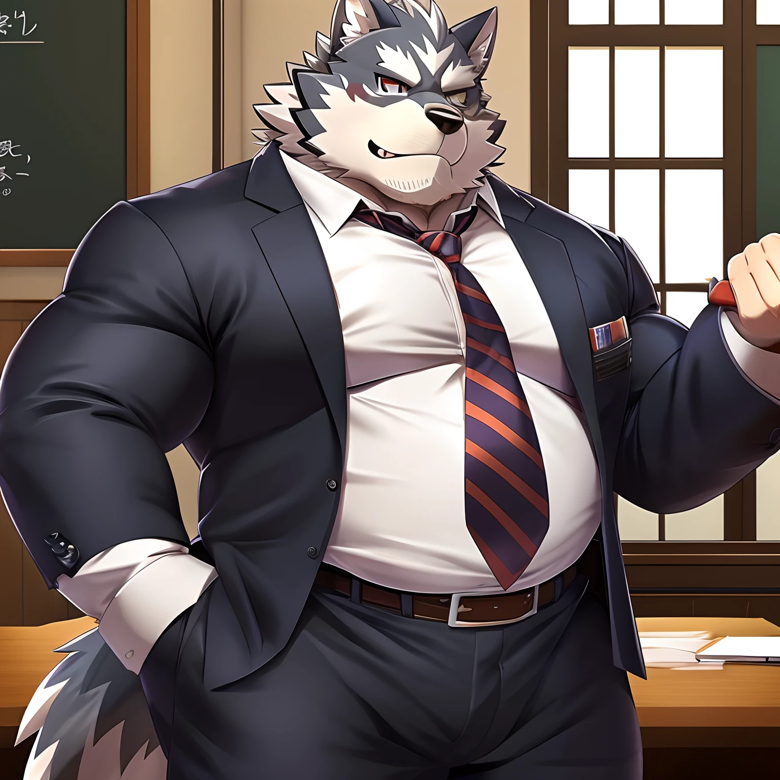 Anime character dressed in a suit and tie standing in front of a ...