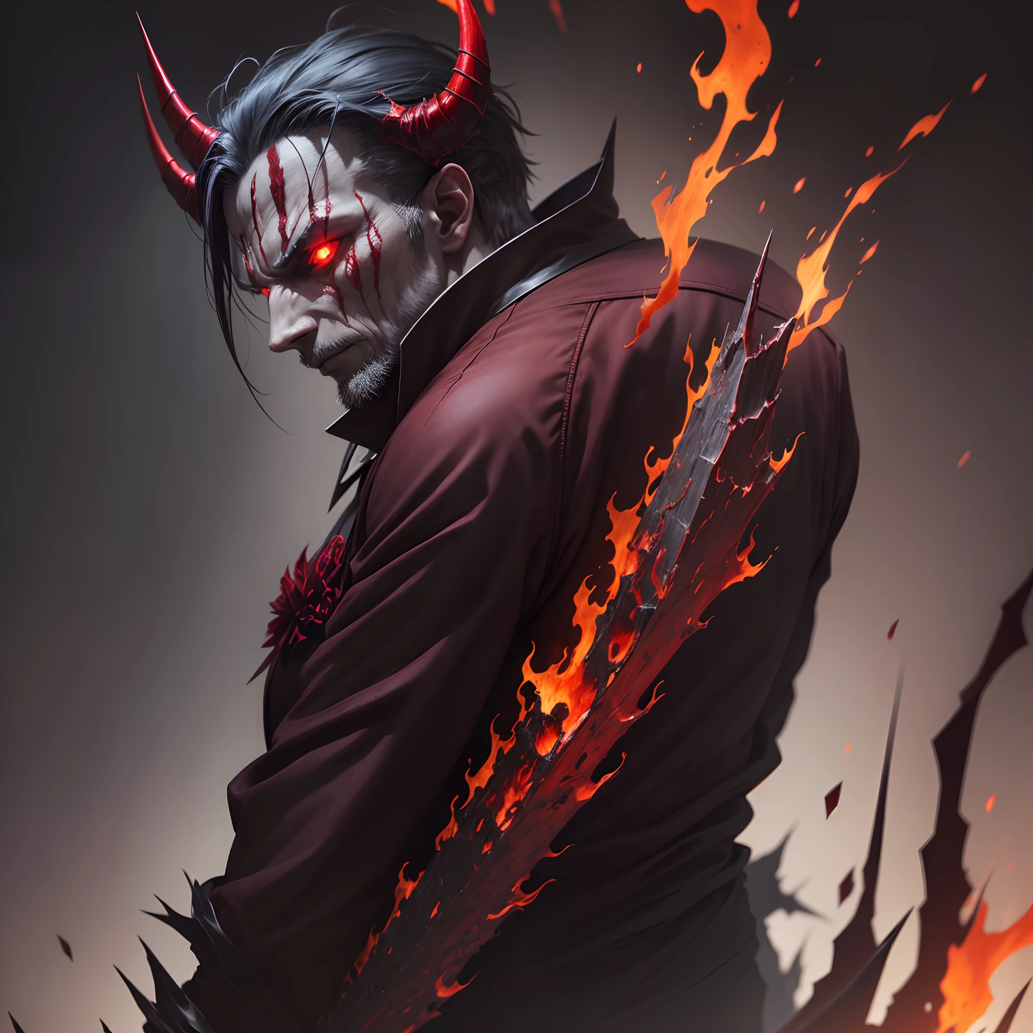 A man with horns and a demon face standing in front of a fire - SeaArt AI