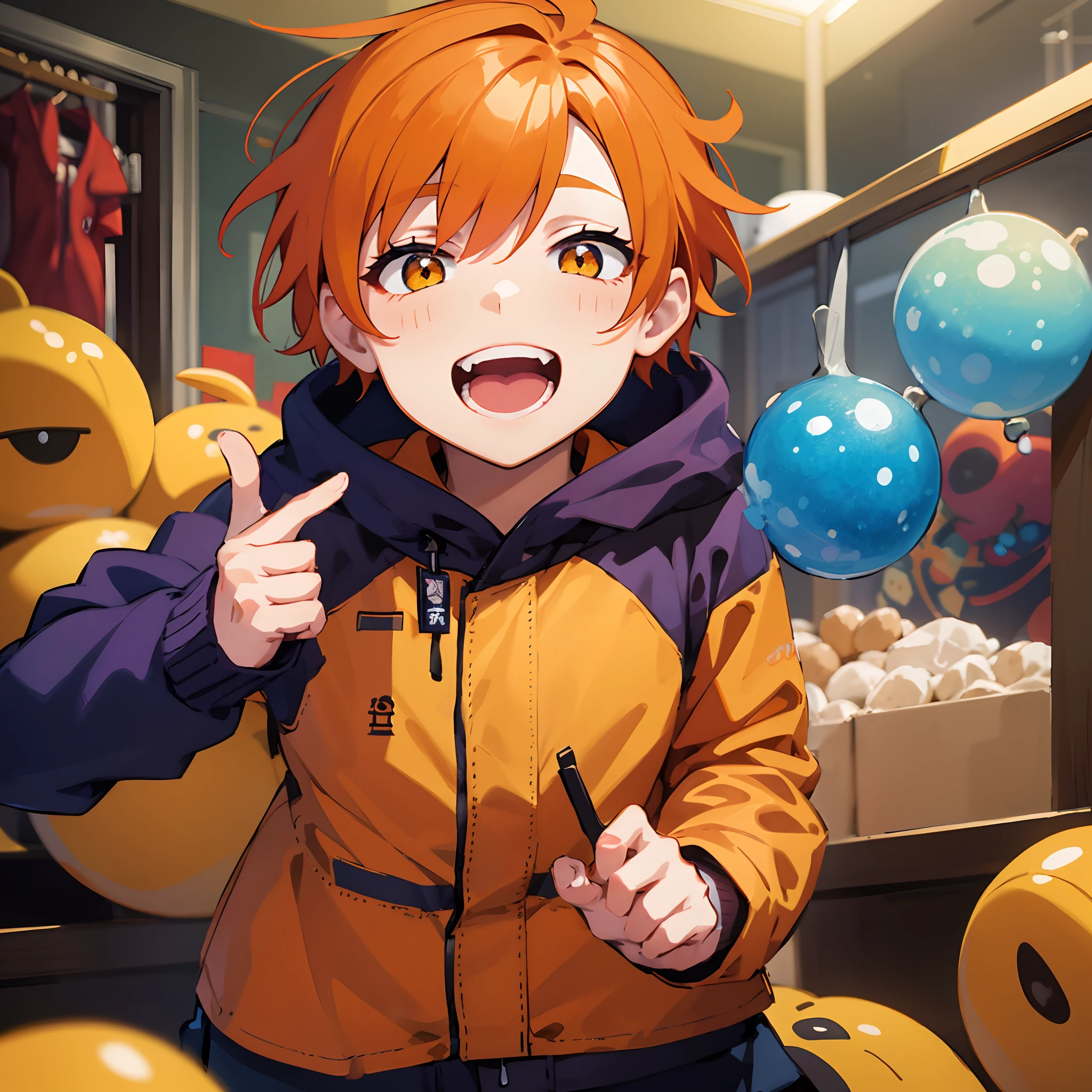 Anime girl with orange hair and blue eyes in a store - SeaArt AI