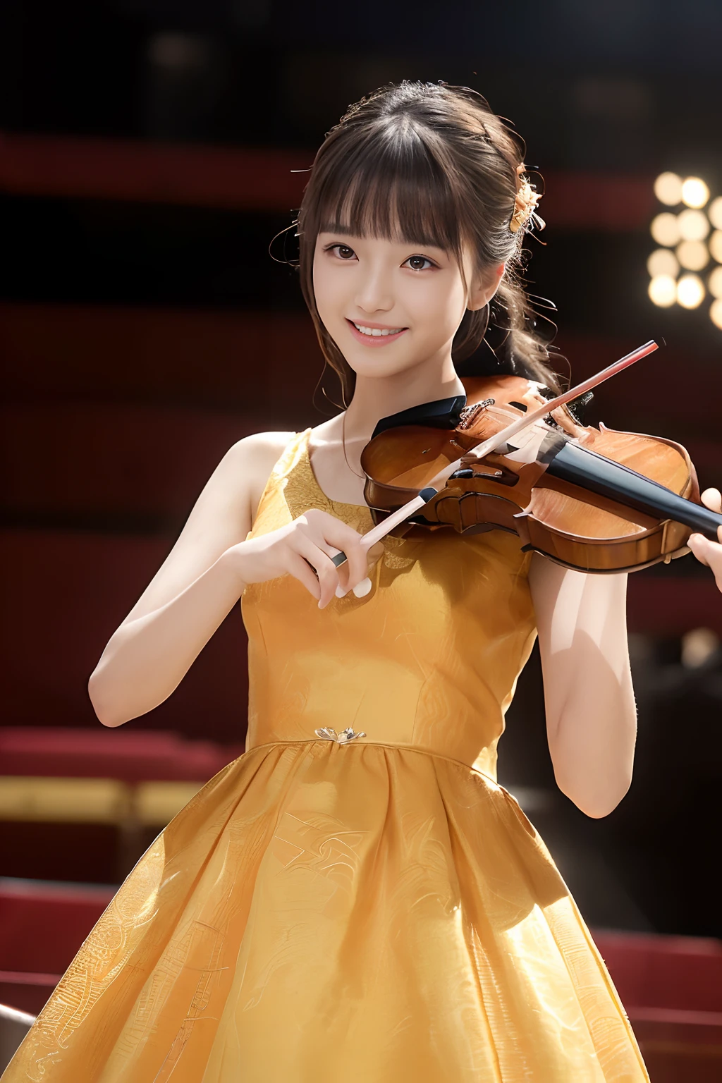 A close up of a woman in a yellow dress playing a violin - SeaArt AI