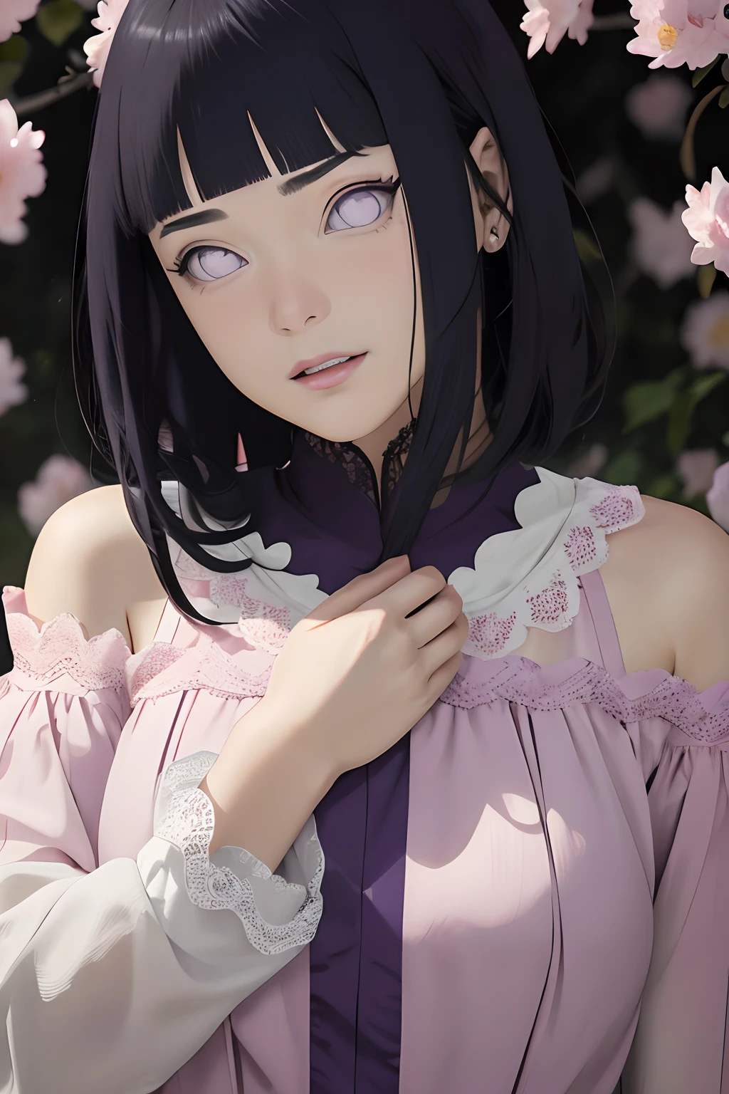 Anime girl with black hair and purple dress posing in front of flowers ...