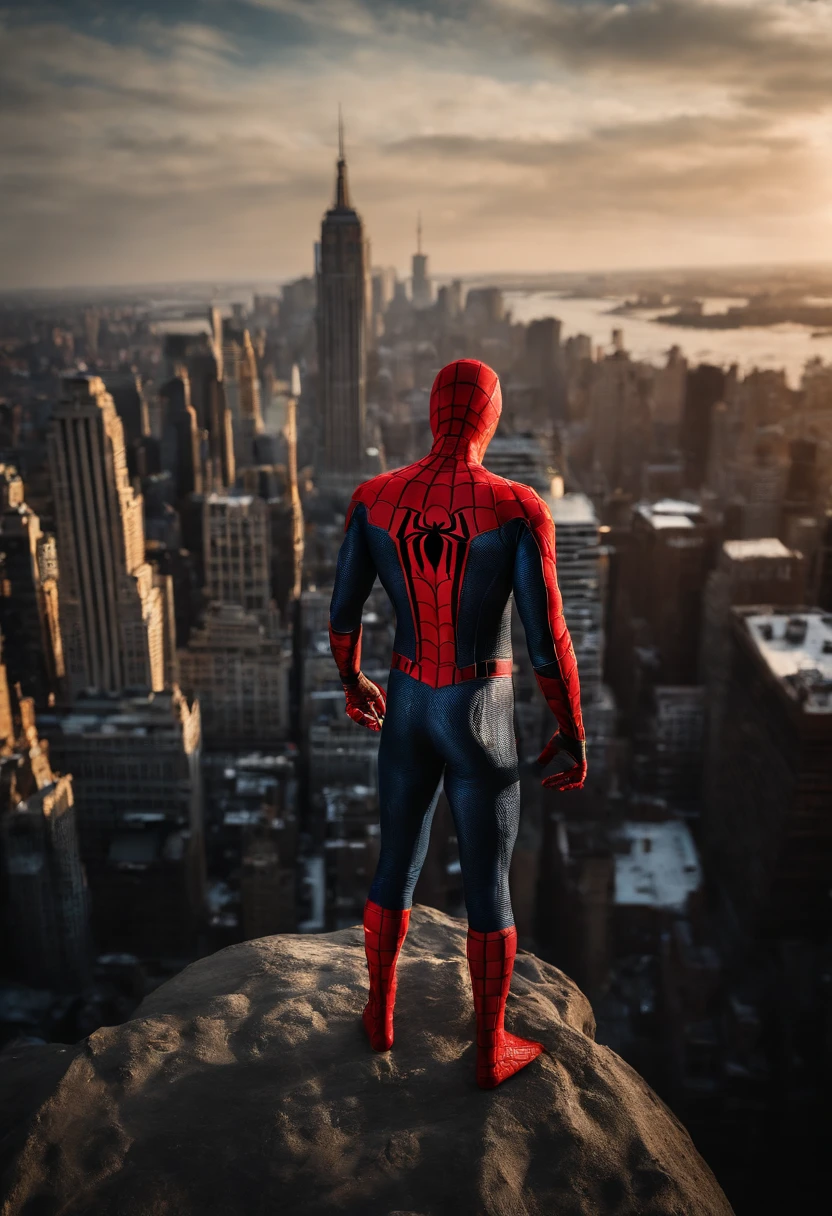 Spider - man standing on top of a rock overlooking a city - SeaArt AI