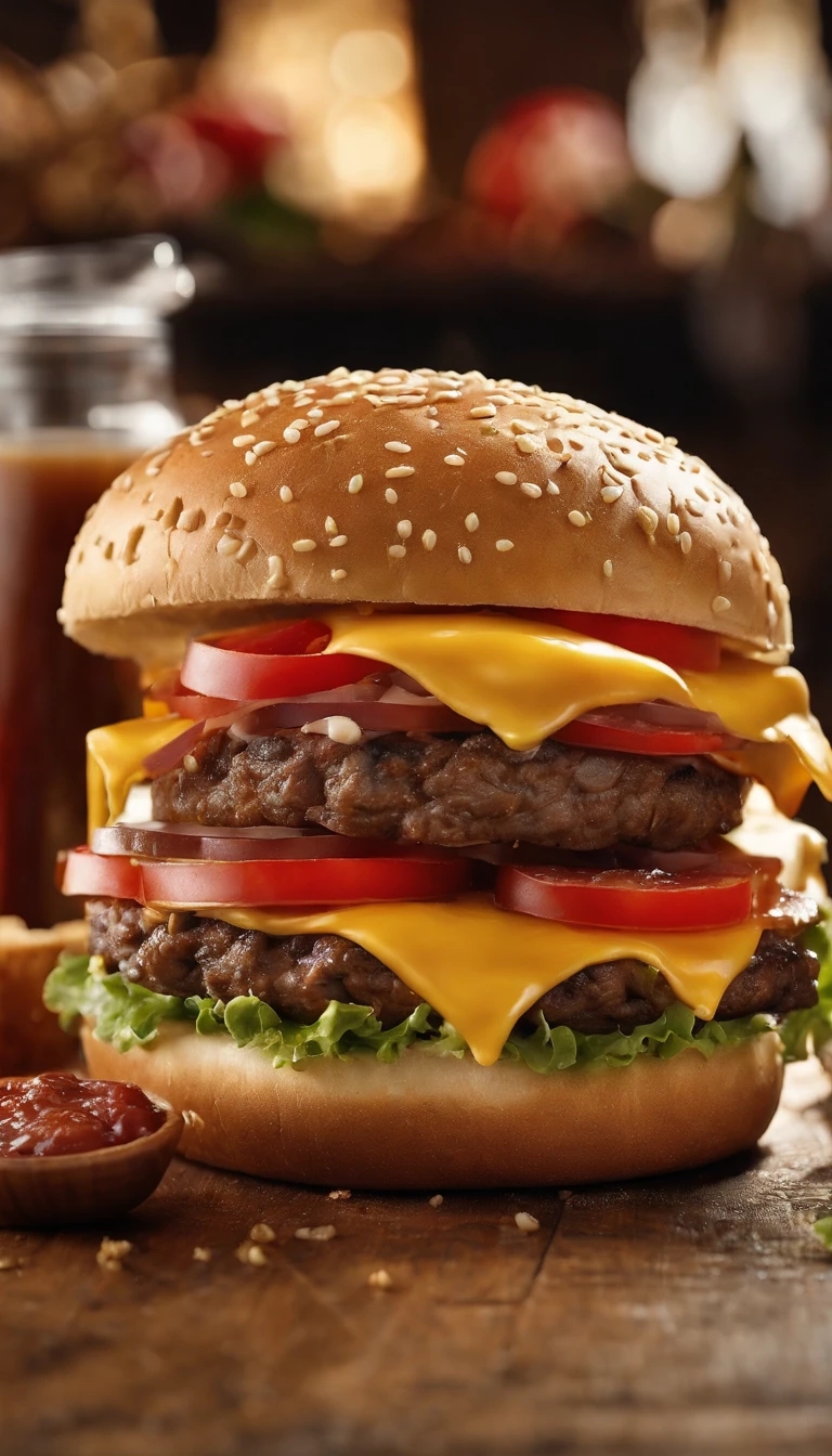 A close up of a hamburger with cheese and tomato on a table - SeaArt AI