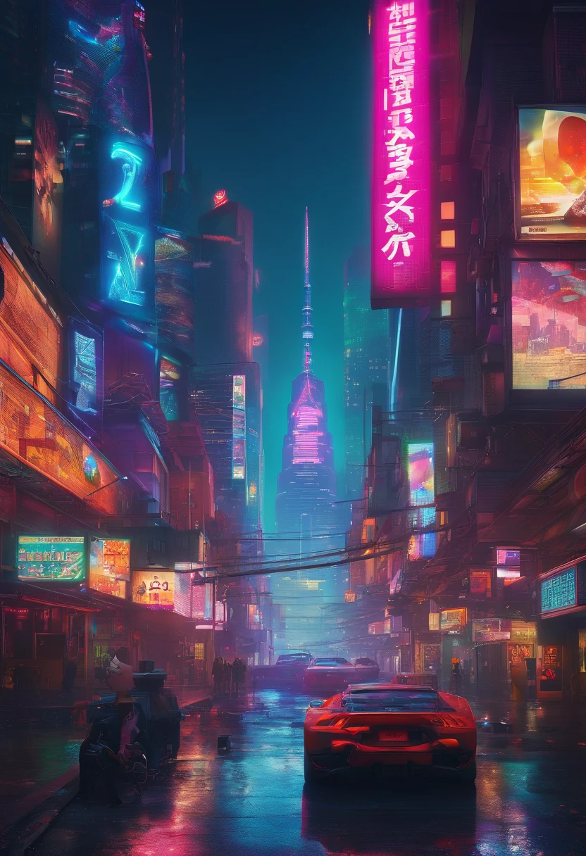 A car driving down a city street at night with neon signs - SeaArt AI