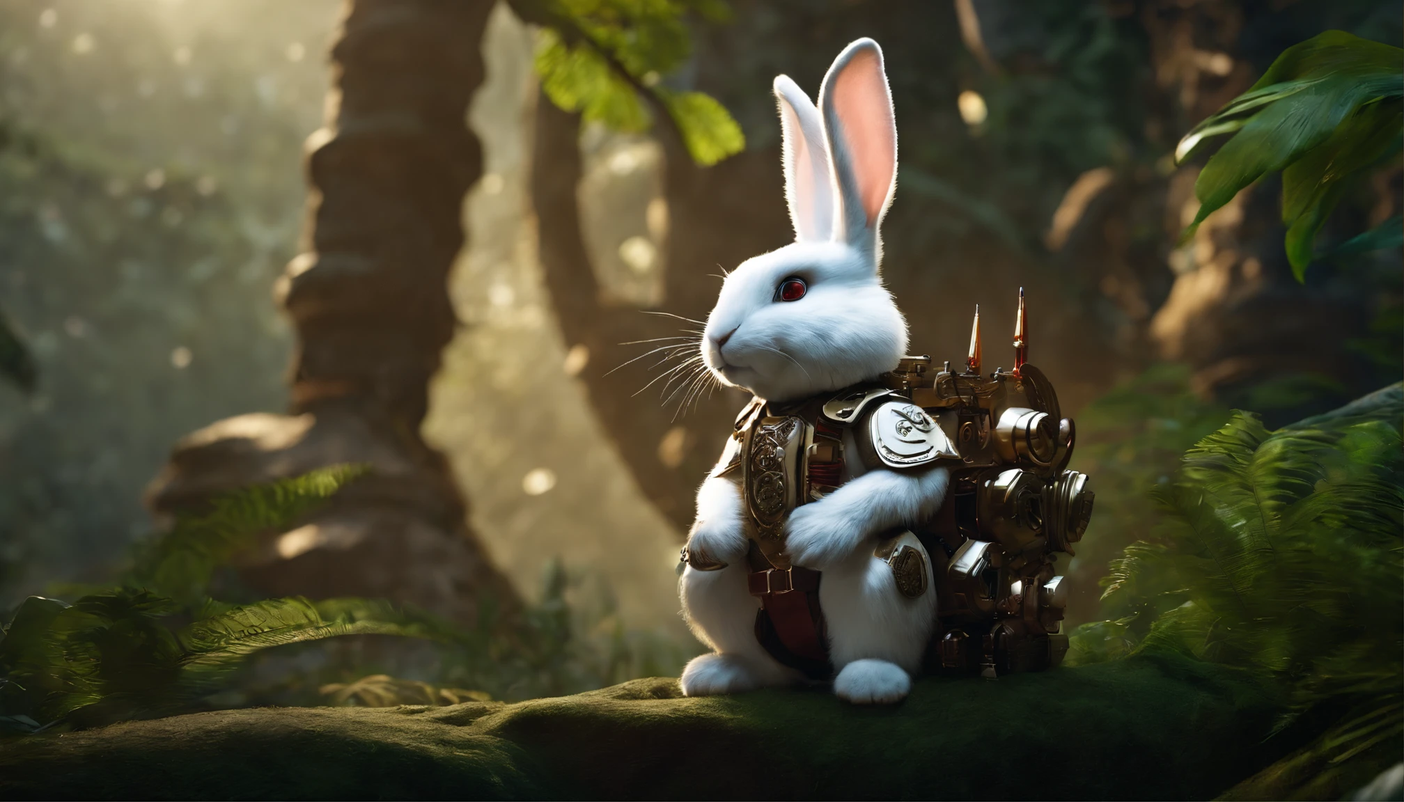 A close up of a rabbit with a sword and armor on a rock - SeaArt AI