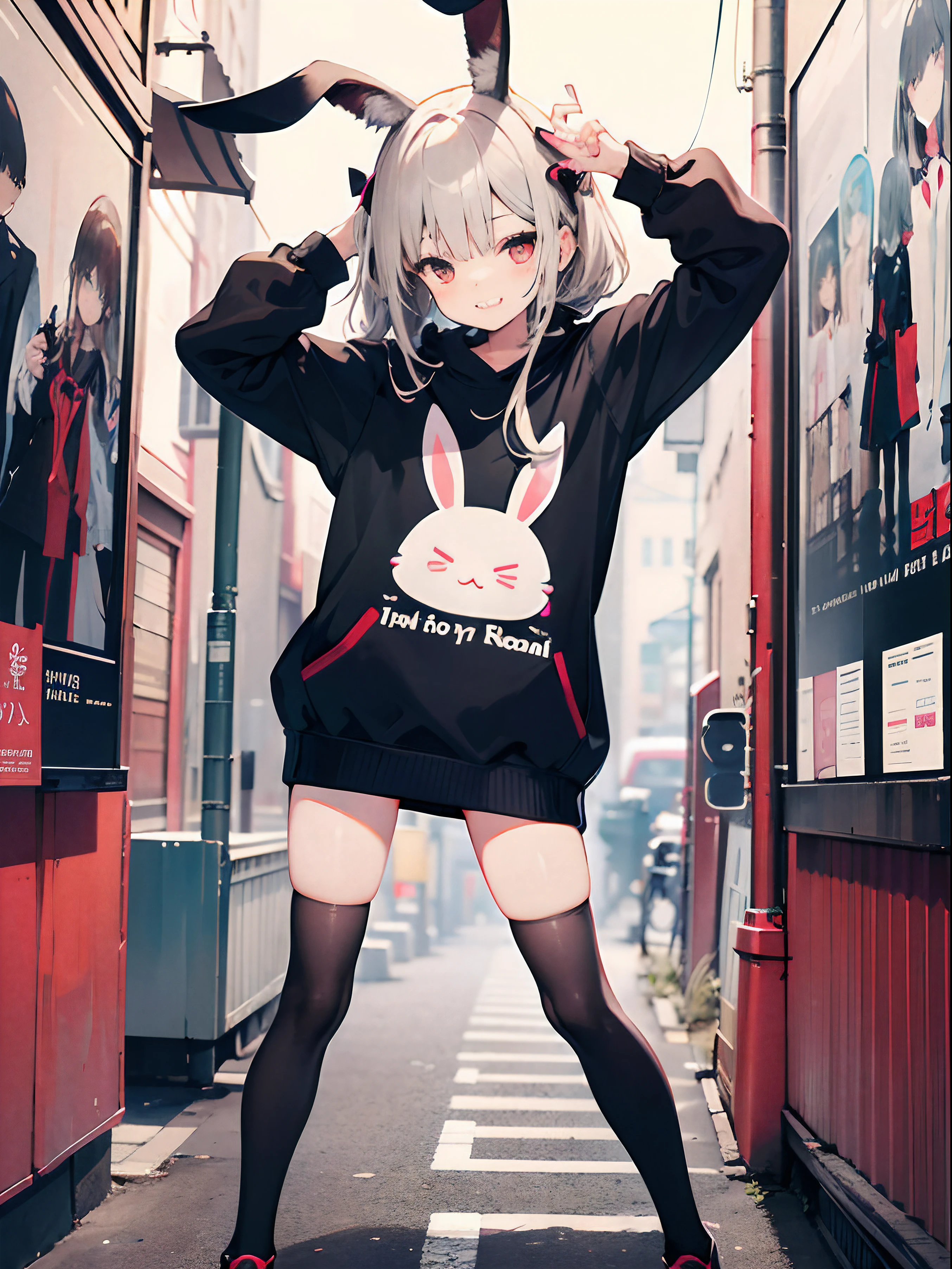 Anime girl in bunny ears and black hoodie posing in a narrow alley ...