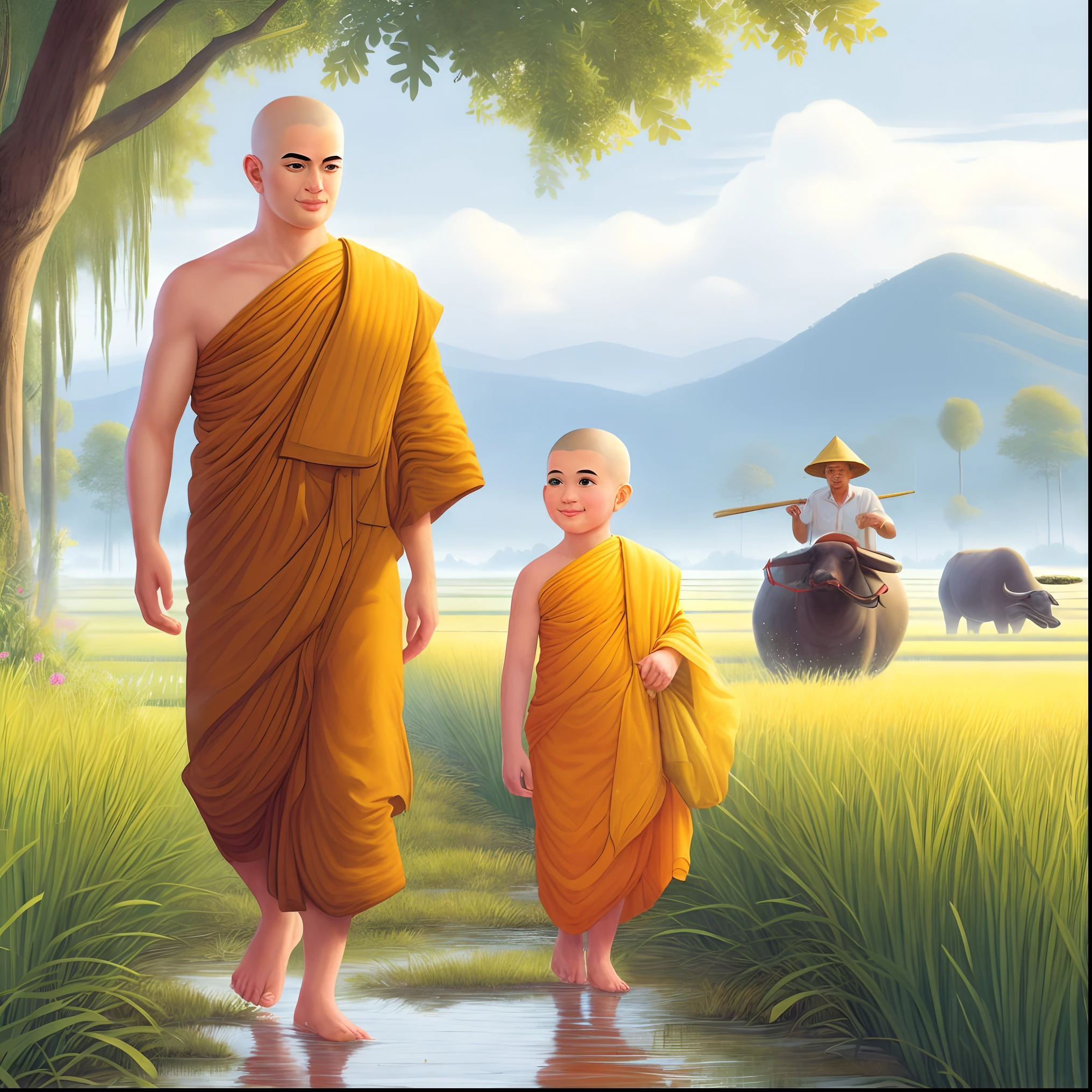 Arafed image of a man and a child walking in a field - SeaArt AI