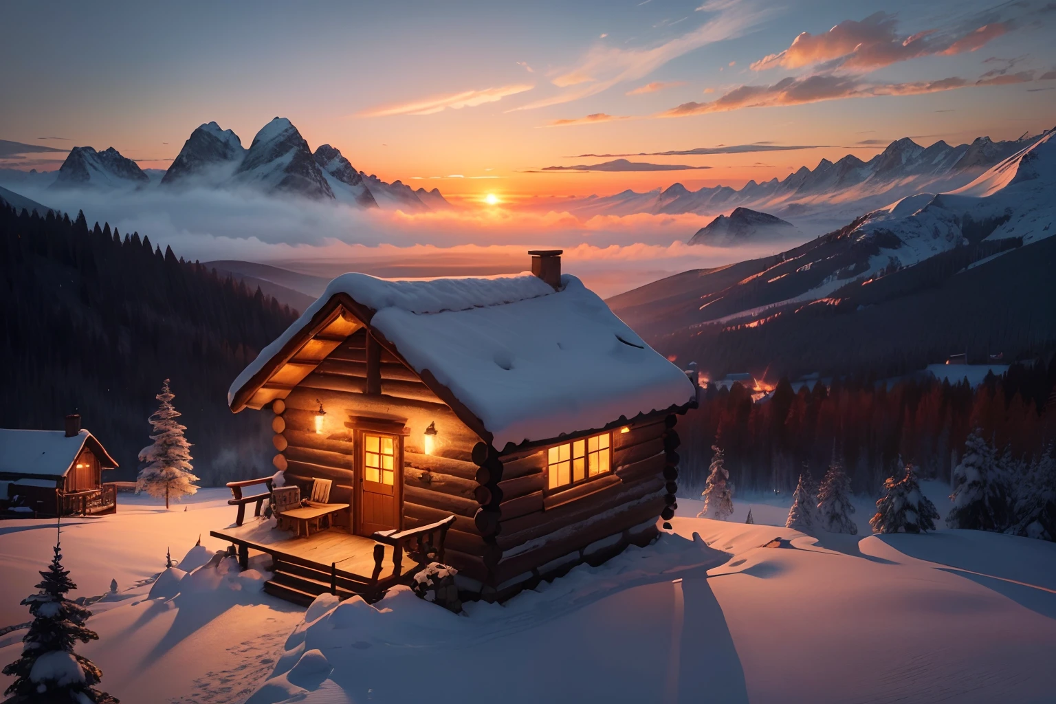 Snowy cabin in the mountains with a sunset in the background - SeaArt AI