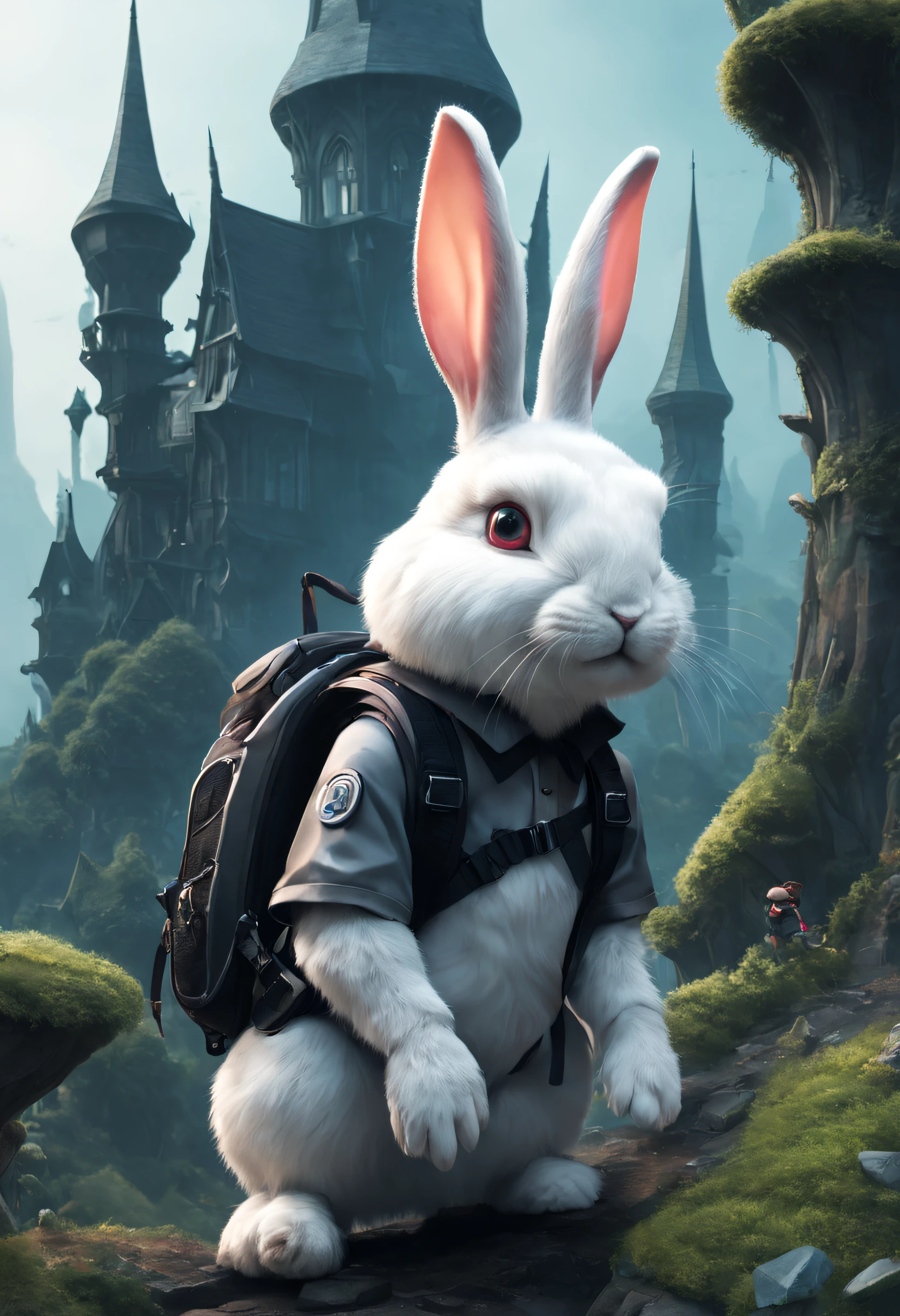 A white rabbit with a backpack sitting on a rock in front of a castle ...