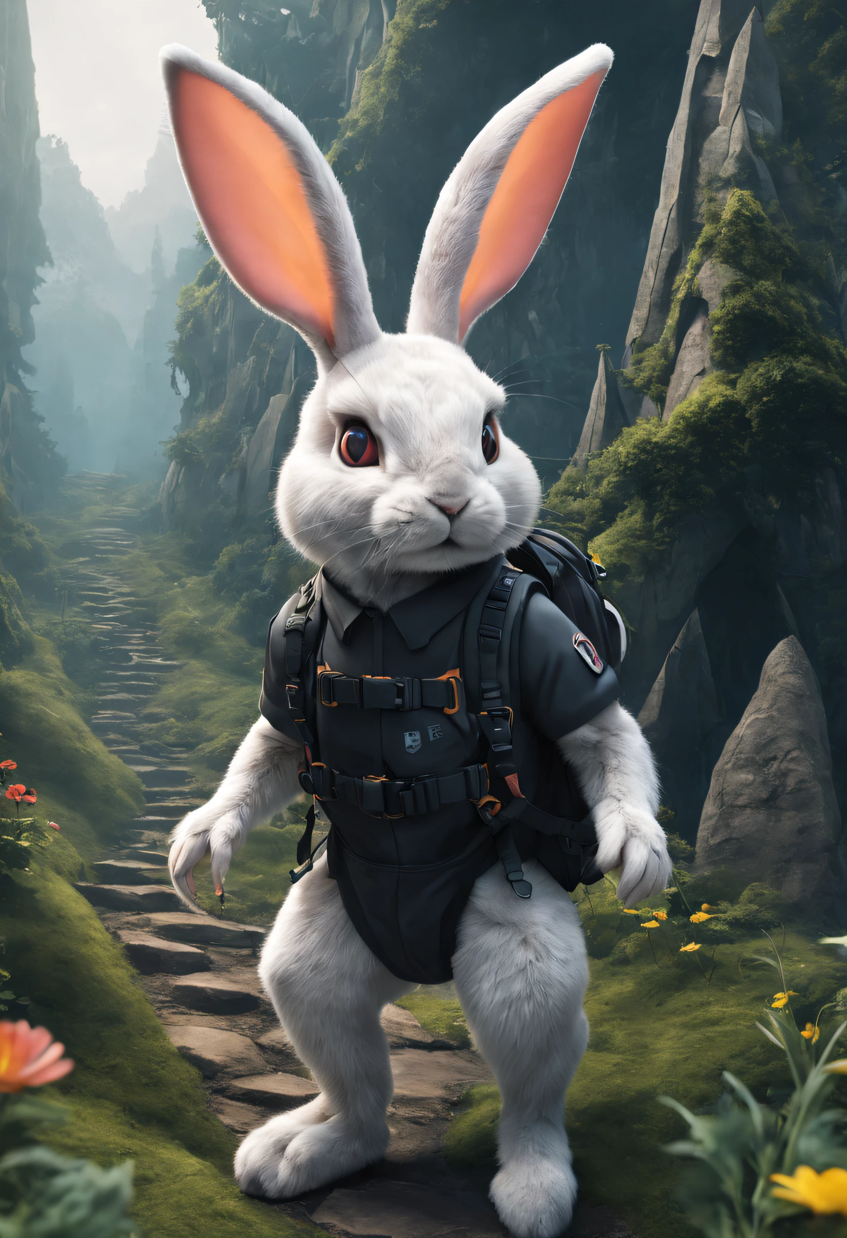 A close up of a rabbit with a backpack on a path - SeaArt AI