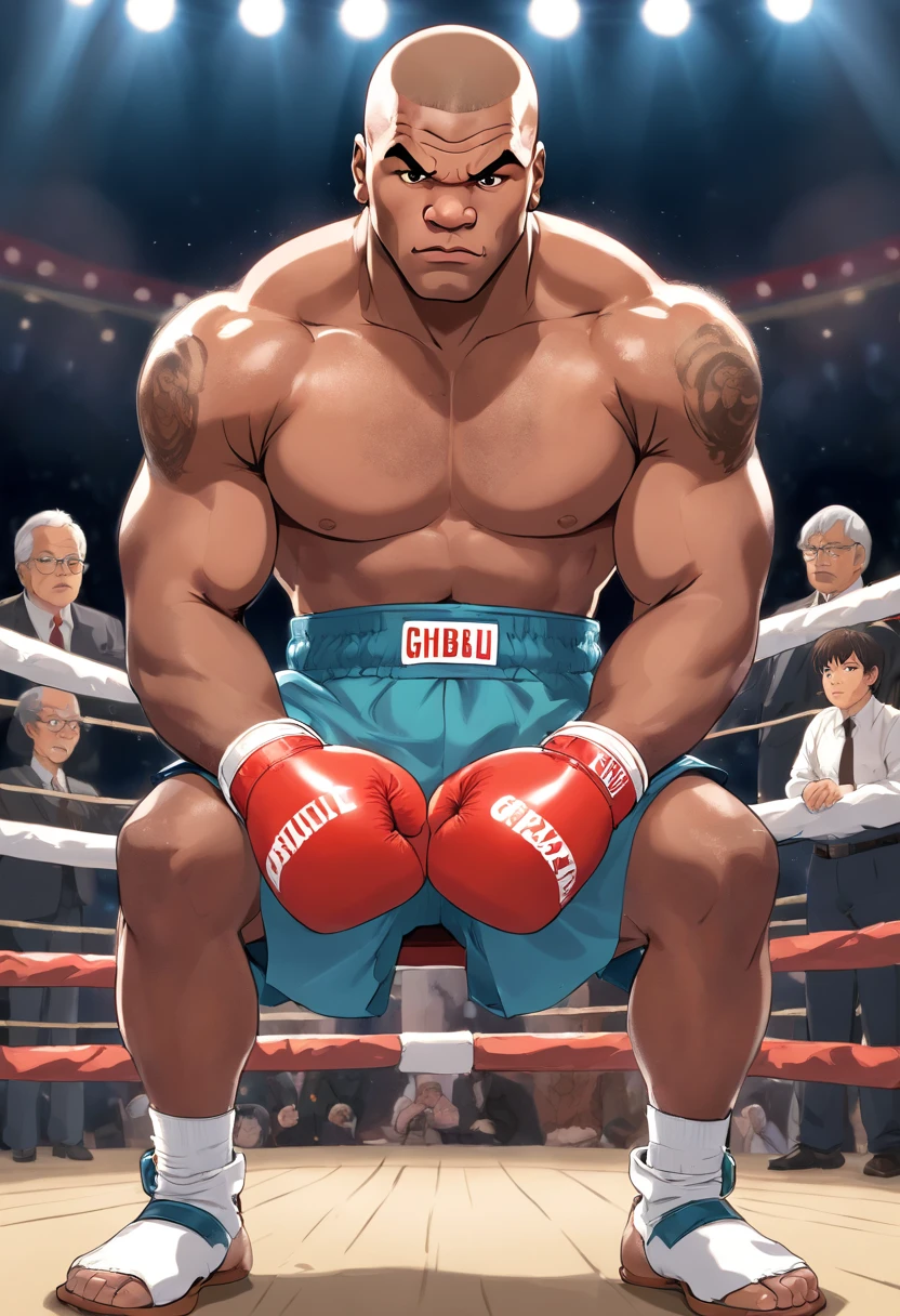 A cartoon of a man in boxing gear sitting on a boxing ring - SeaArt AI