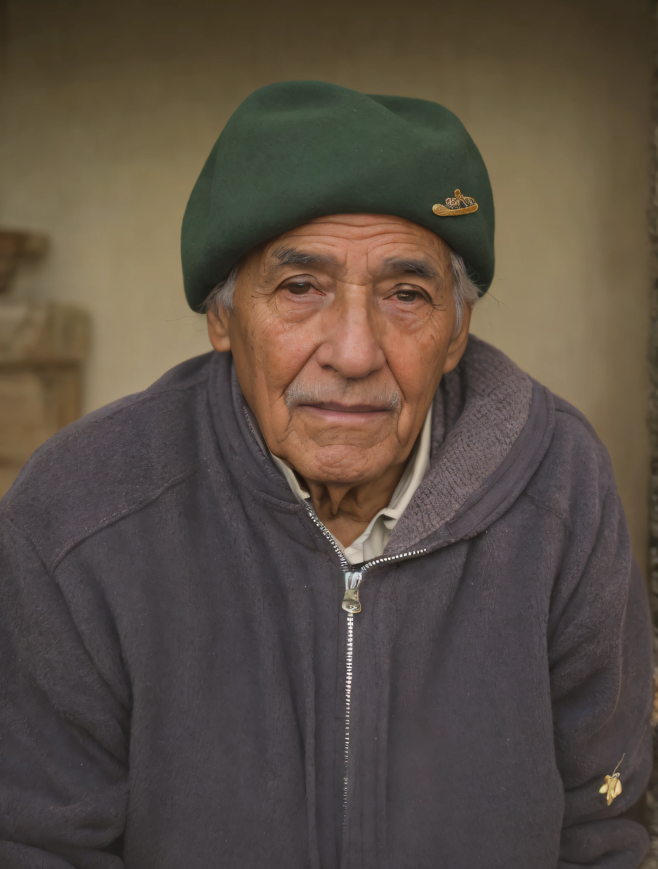 Arafed man in a green hat and jacket sitting in front of a building ...