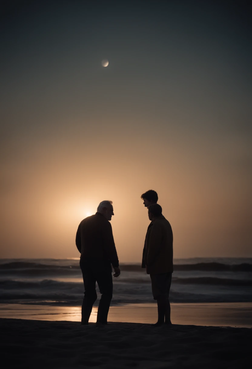 Two men standing on a beach at sunset with the sun setting - SeaArt AI