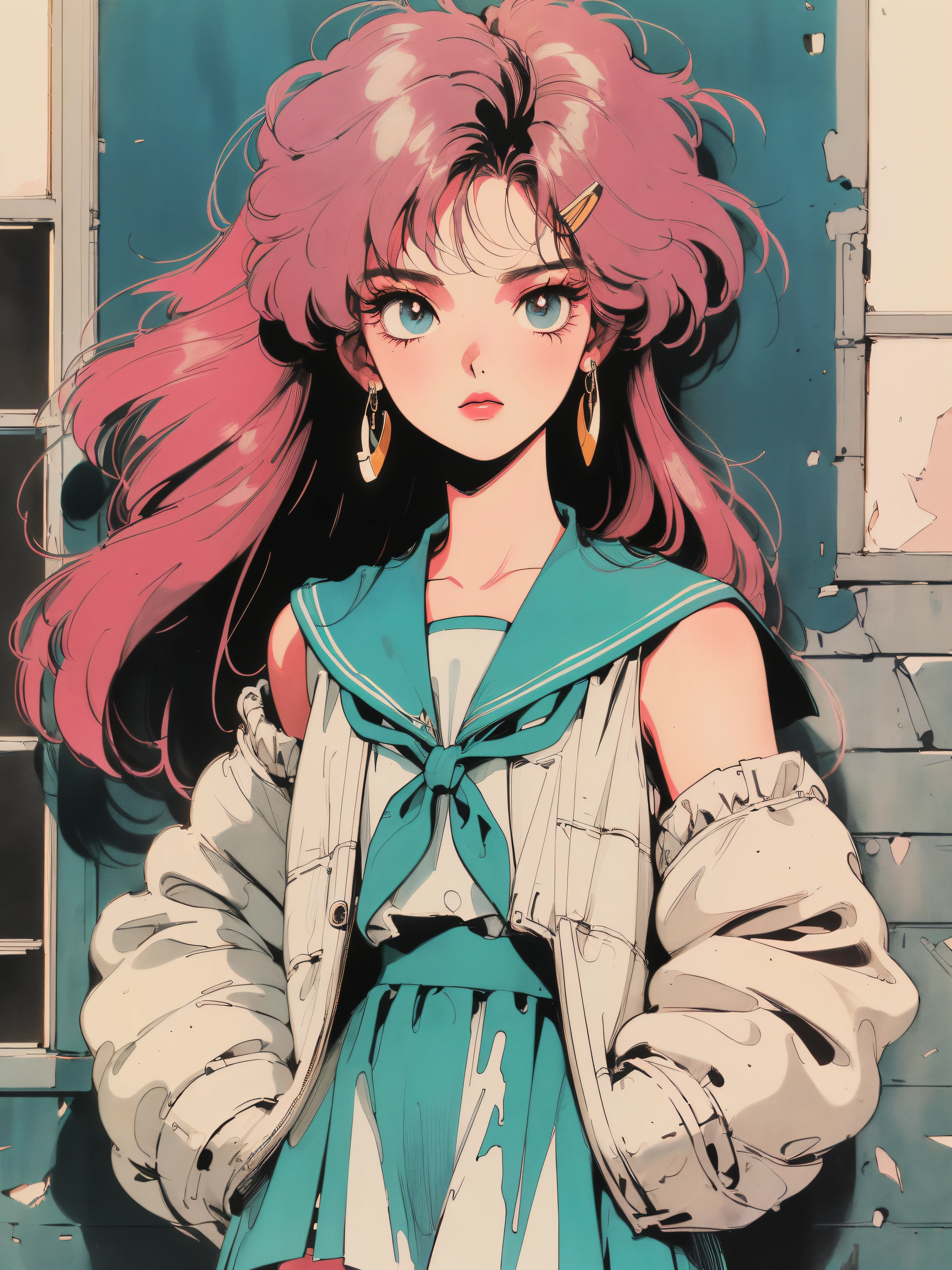 Anime girl with pink hair and blue eyes standing in front of a wall ...