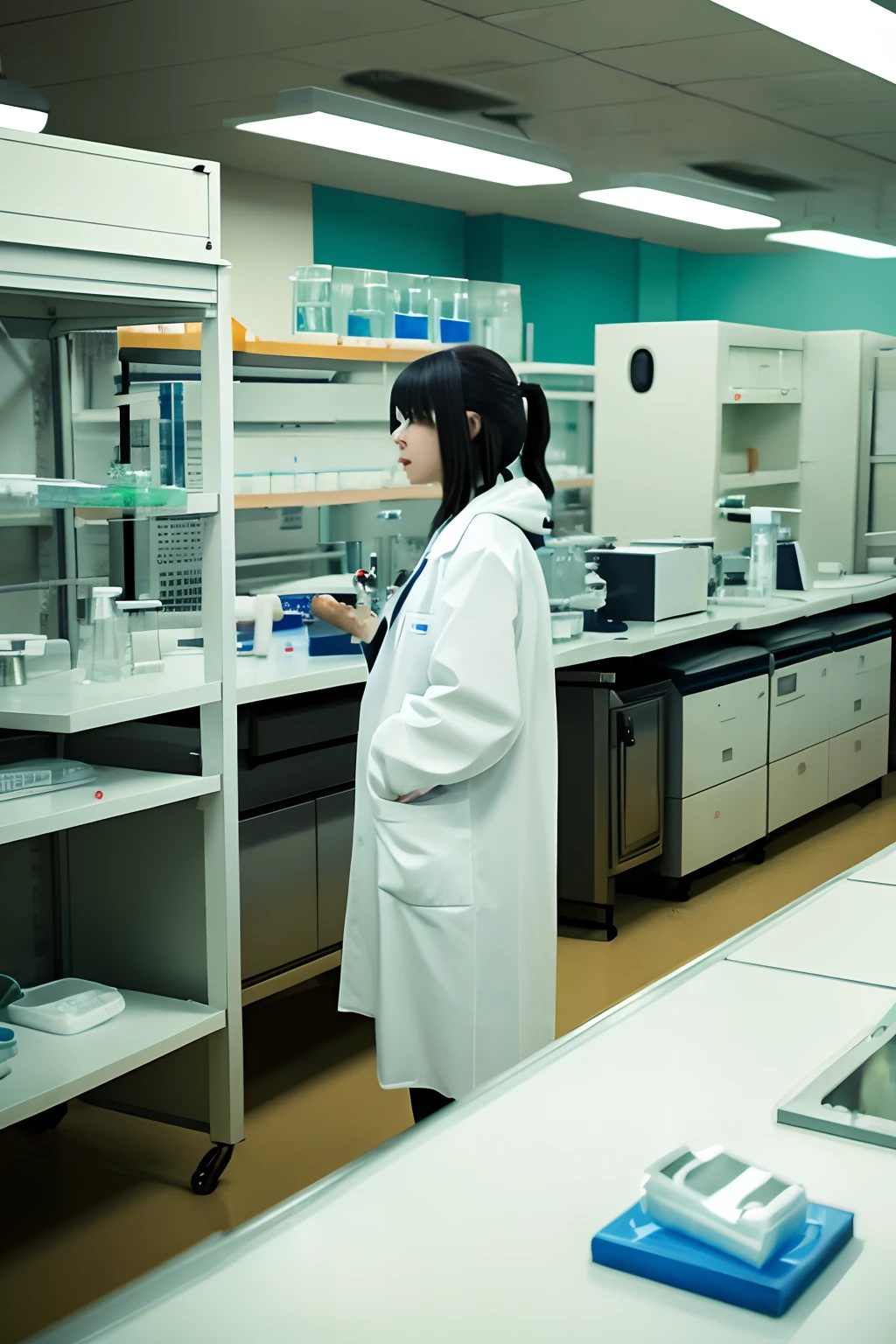 There is a woman in a lab coat standing in a laboratory - SeaArt AI