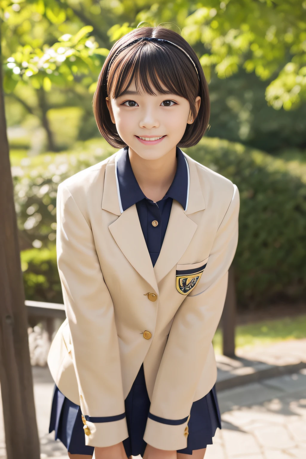 A close up of a young girl in a school uniform posing for a picture ...