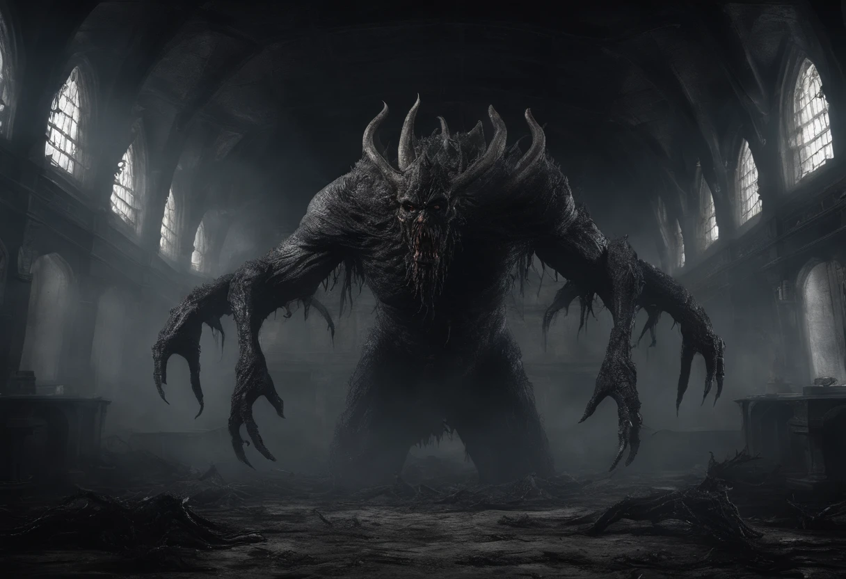 A demonic creature in a dark room with a large window - SeaArt AI