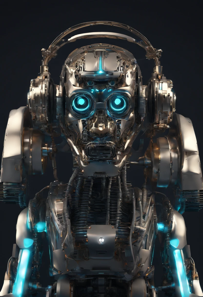 A close up of a robot with headphones on and a computer - SeaArt AI