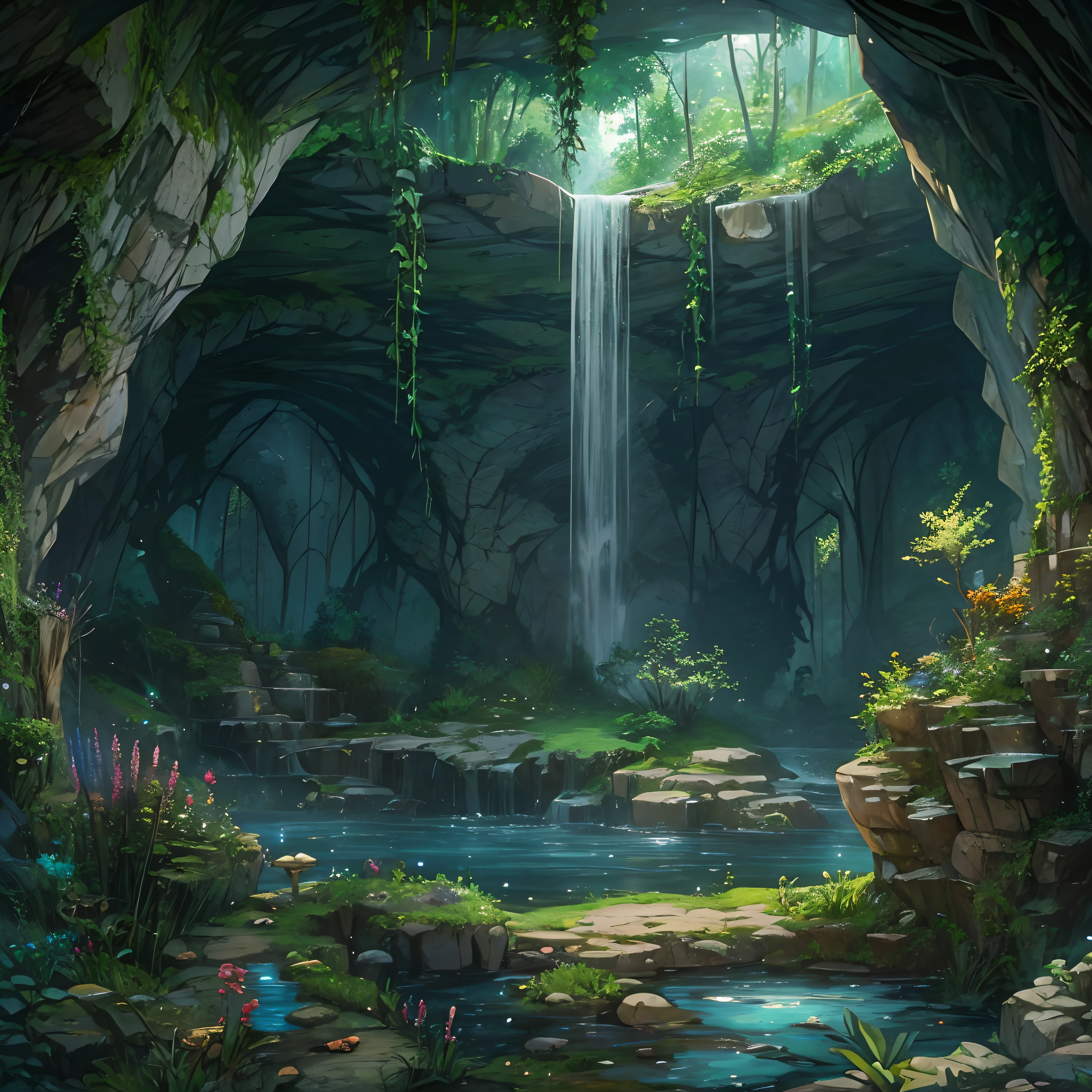 A painting of a waterfall in a cave with a stream running through it ...