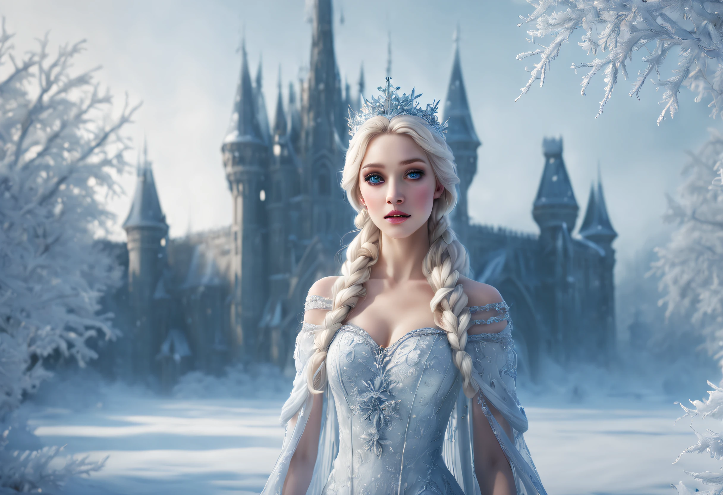 Frozen princess in a blue dress standing in front of a castle - SeaArt AI