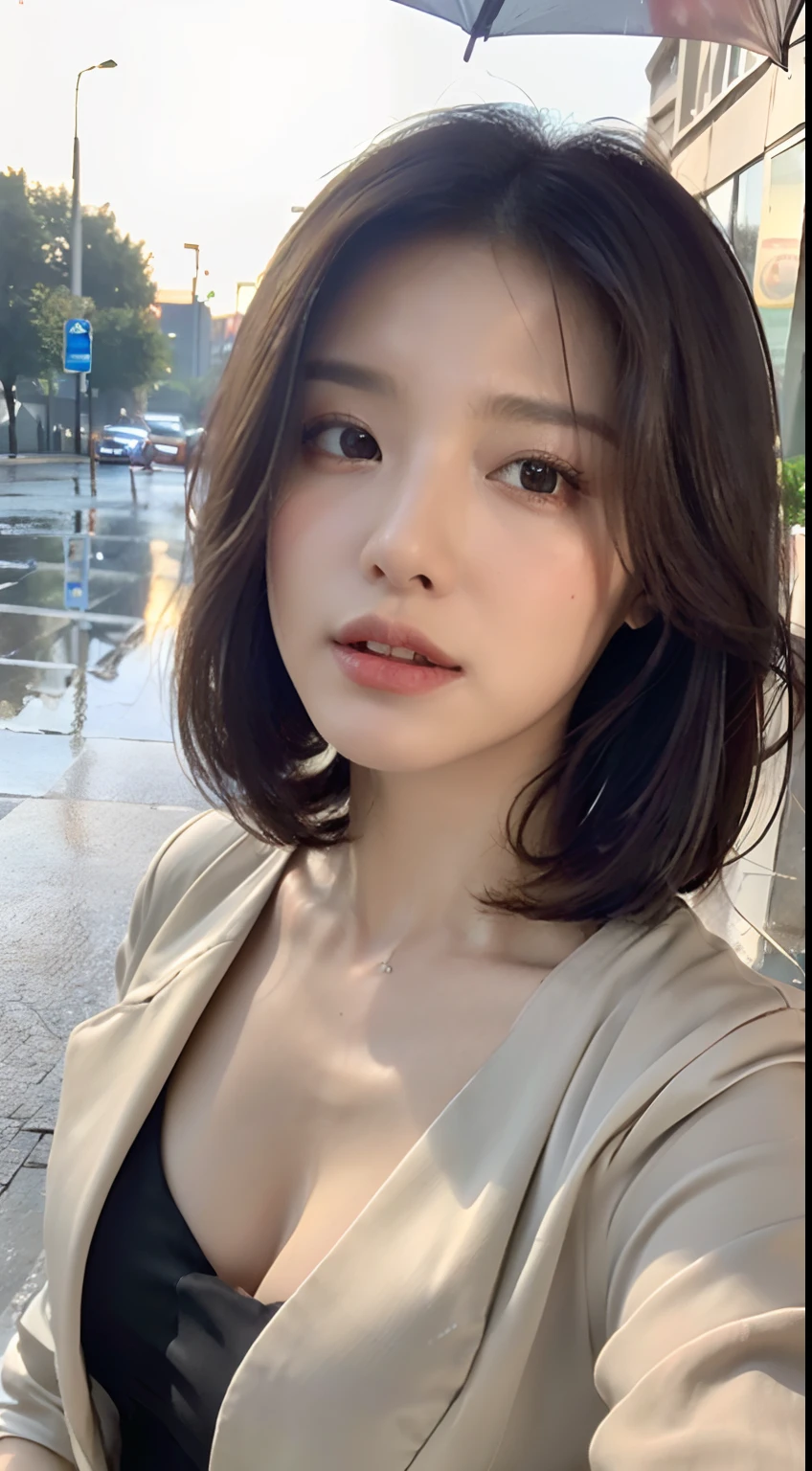 Arafed asian woman with a black top and a tan jacket - SeaArt AI