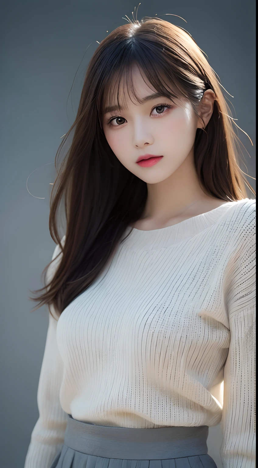 A woman with long hair wearing a white sweater and a gray skirt - SeaArt AI