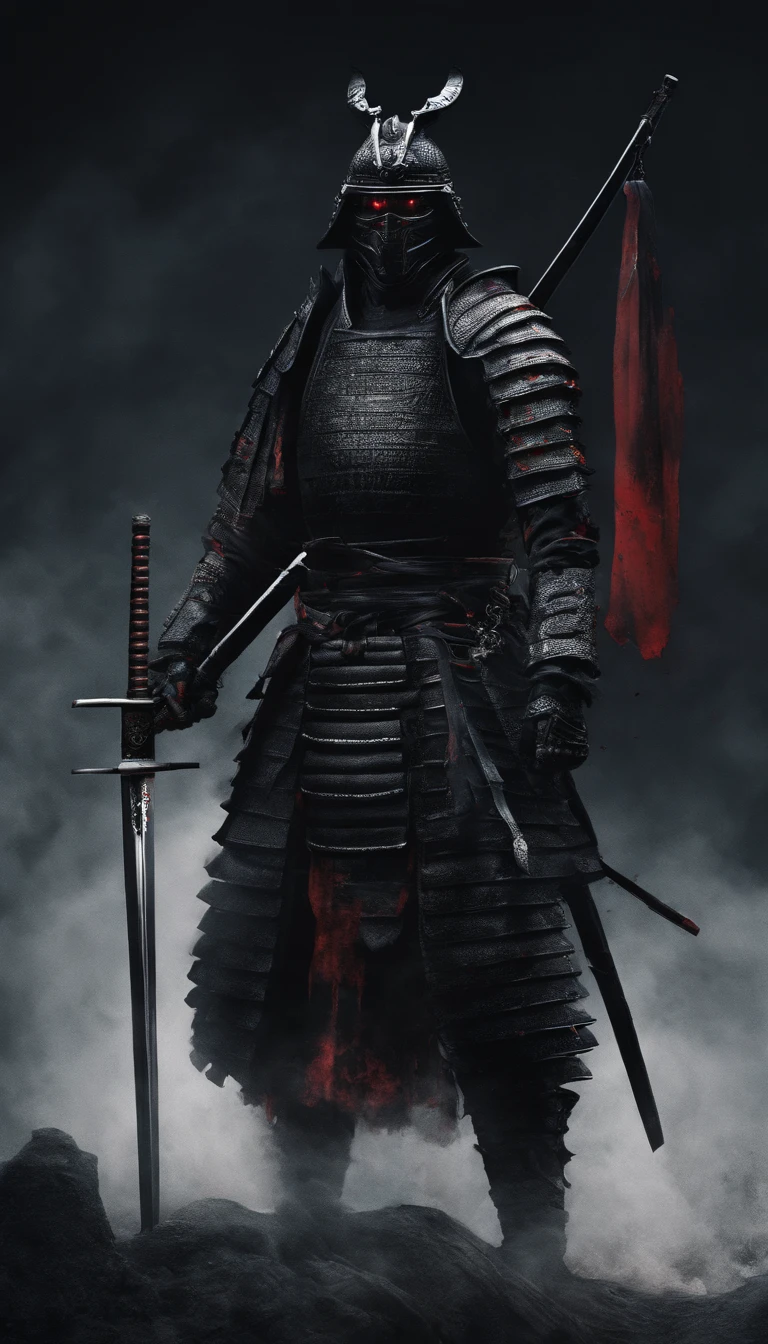 A samurai standing in the fog with a sword and a flag - SeaArt AI