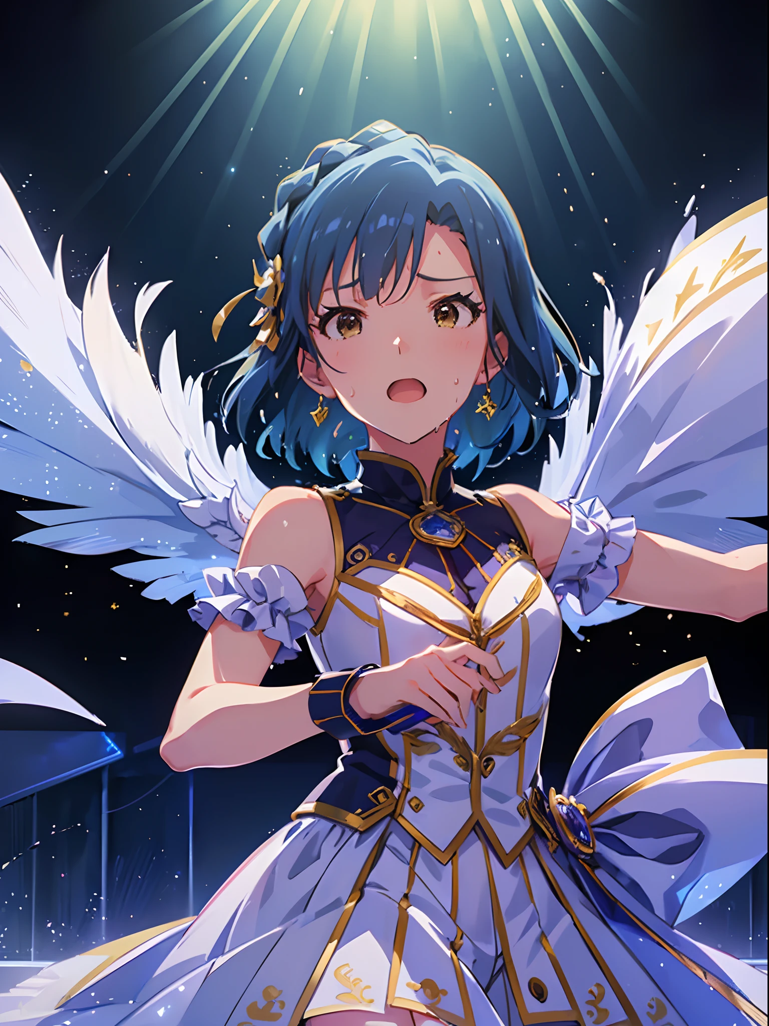 Anime girl with blue hair and angel wings in a white dress - SeaArt AI