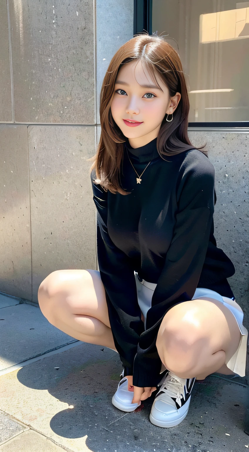 A woman squatting down on the ground with her legs crossed - SeaArt AI