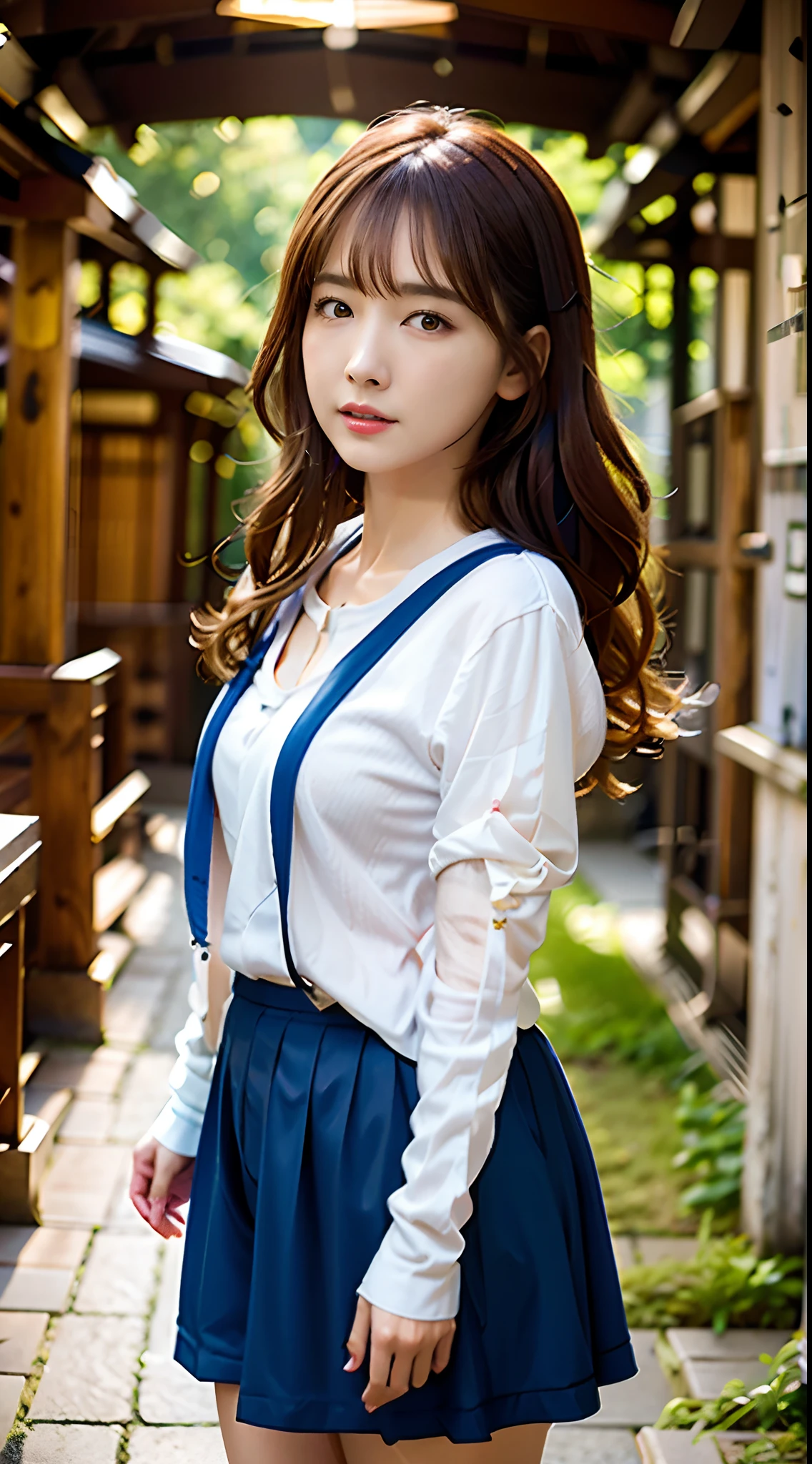 Arafed asian woman in a blue skirt and white shirt - SeaArt AI