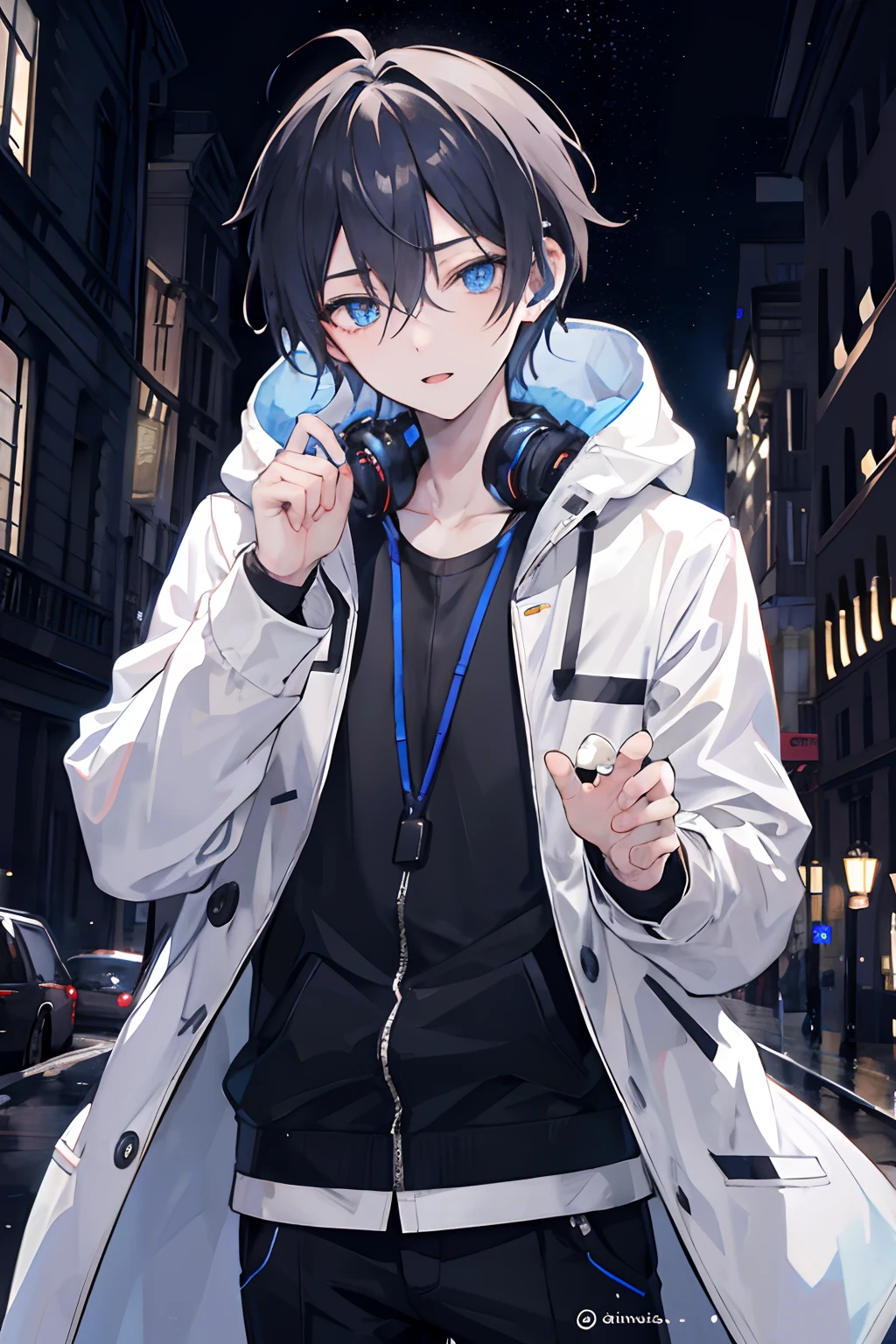 Anime boy with headphones on talking on a cell phone - SeaArt AI