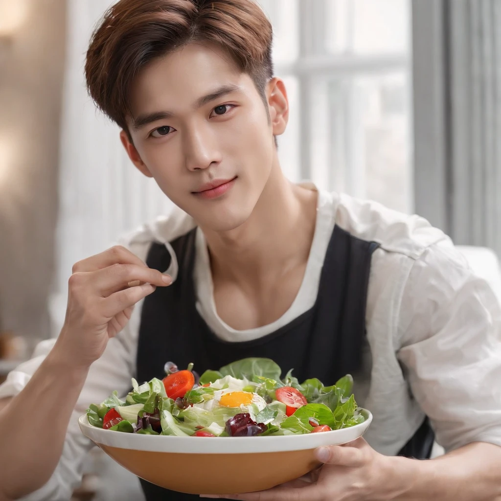 A man sitting at a table with a bowl of salad - SeaArt AI