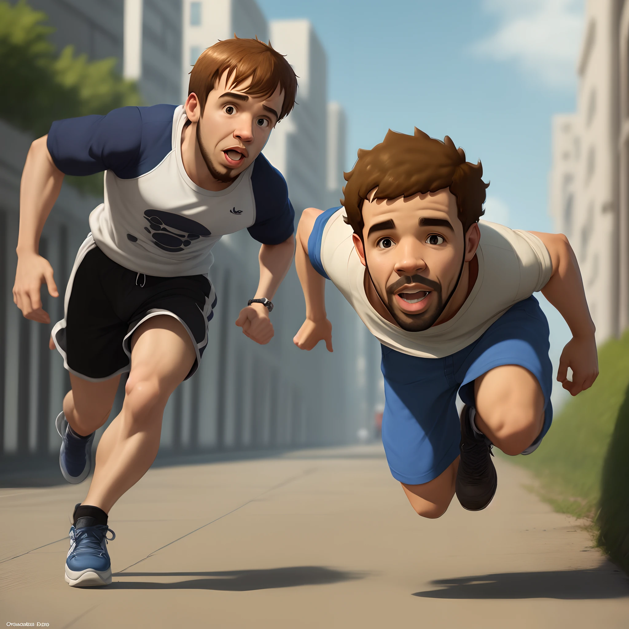 Two men running down a sidewalk in a city - SeaArt AI
