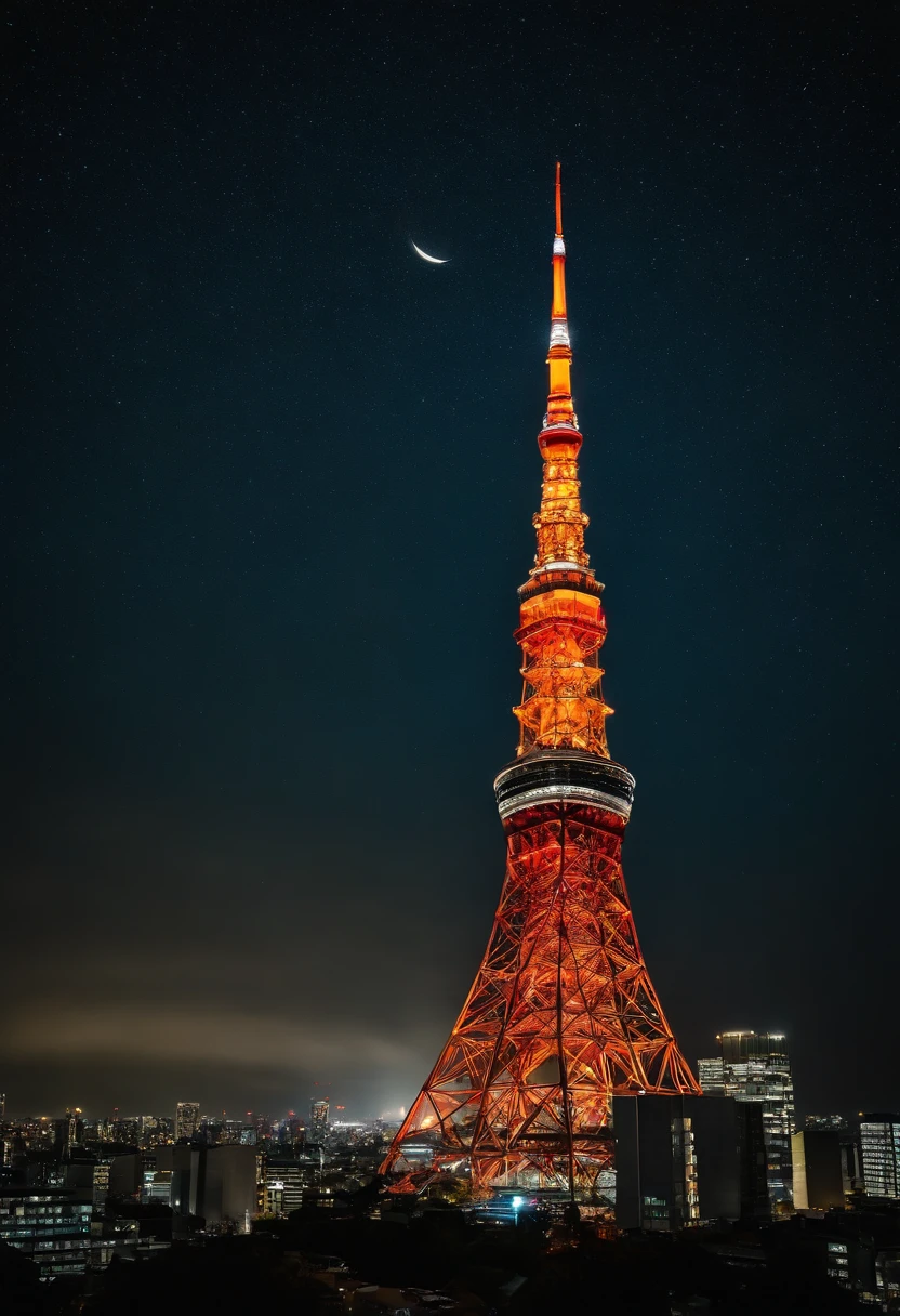 A view of the tokyo tower lit up at night with the moon in the sky ...
