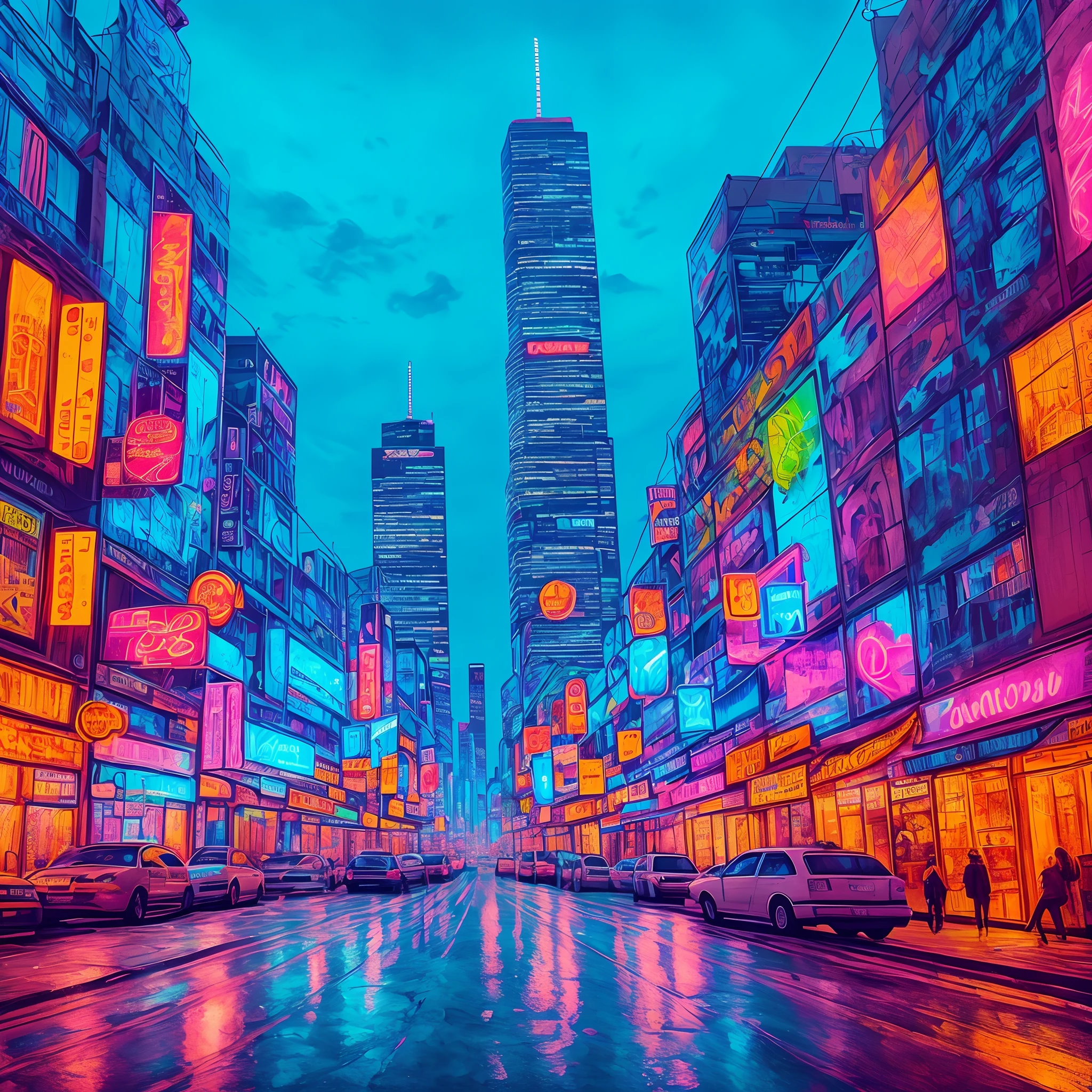 A city street with neon signs and cars on it - SeaArt AI