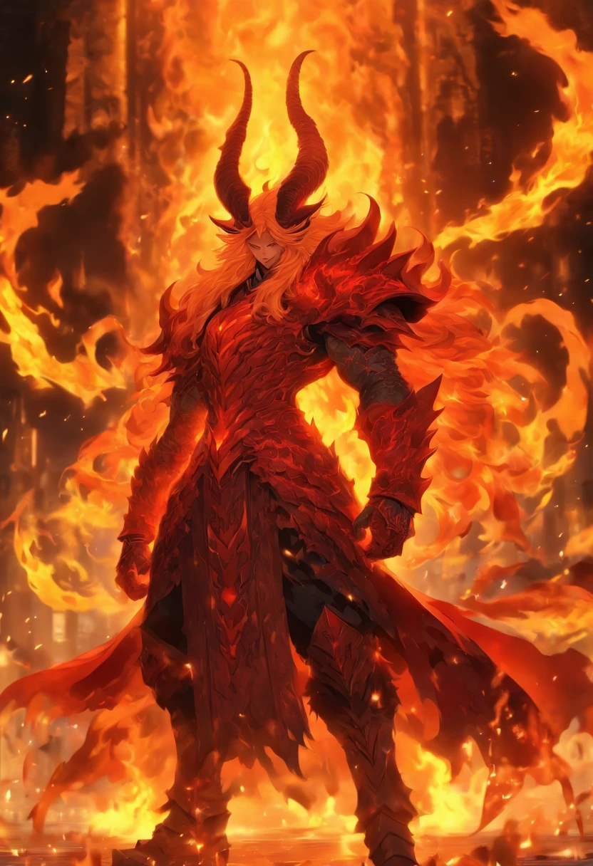 A man in a red coat and a horned head standing in front of a fire ...