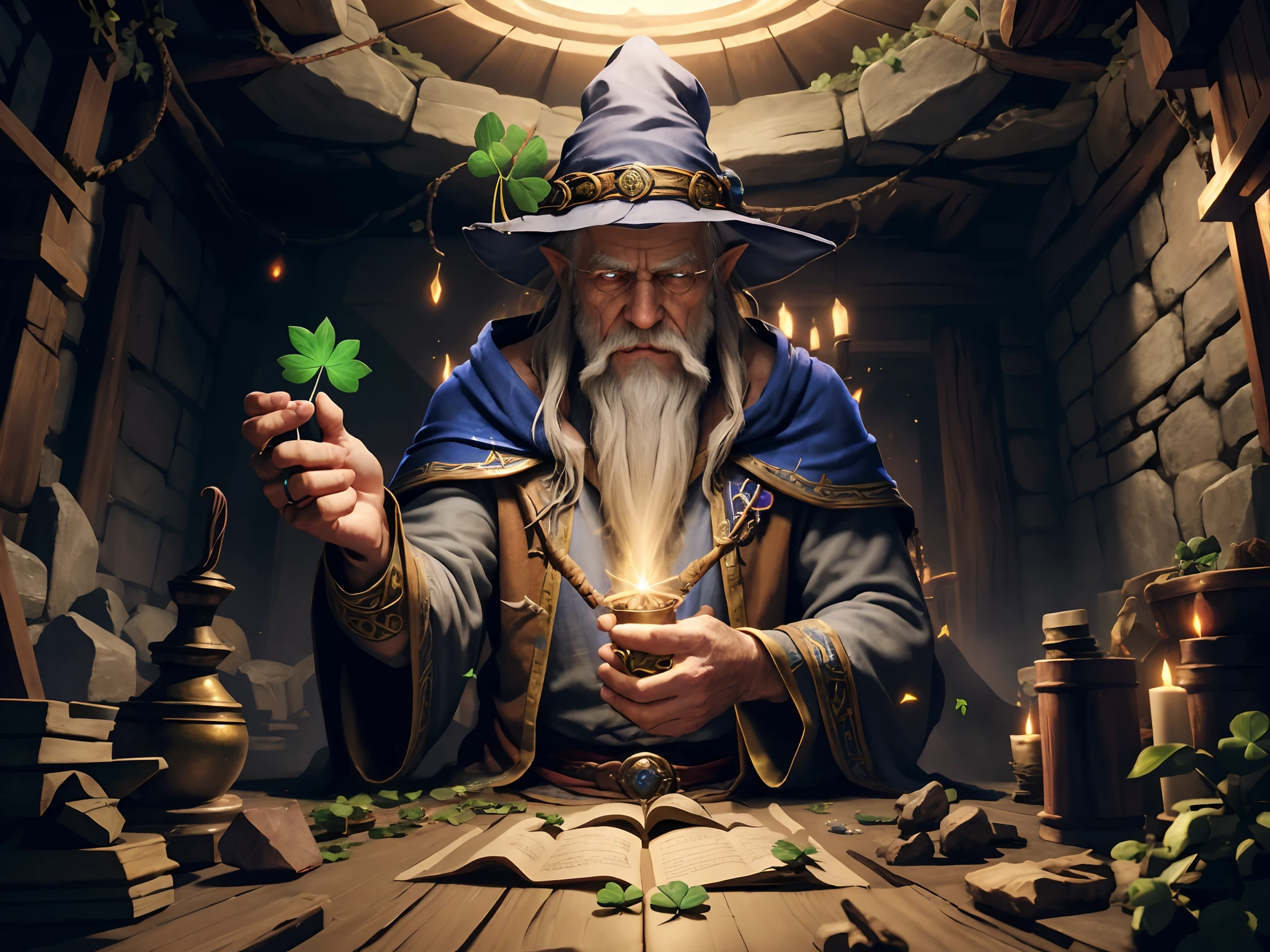 A man in a wizard costume holding a green leaf - SeaArt AI