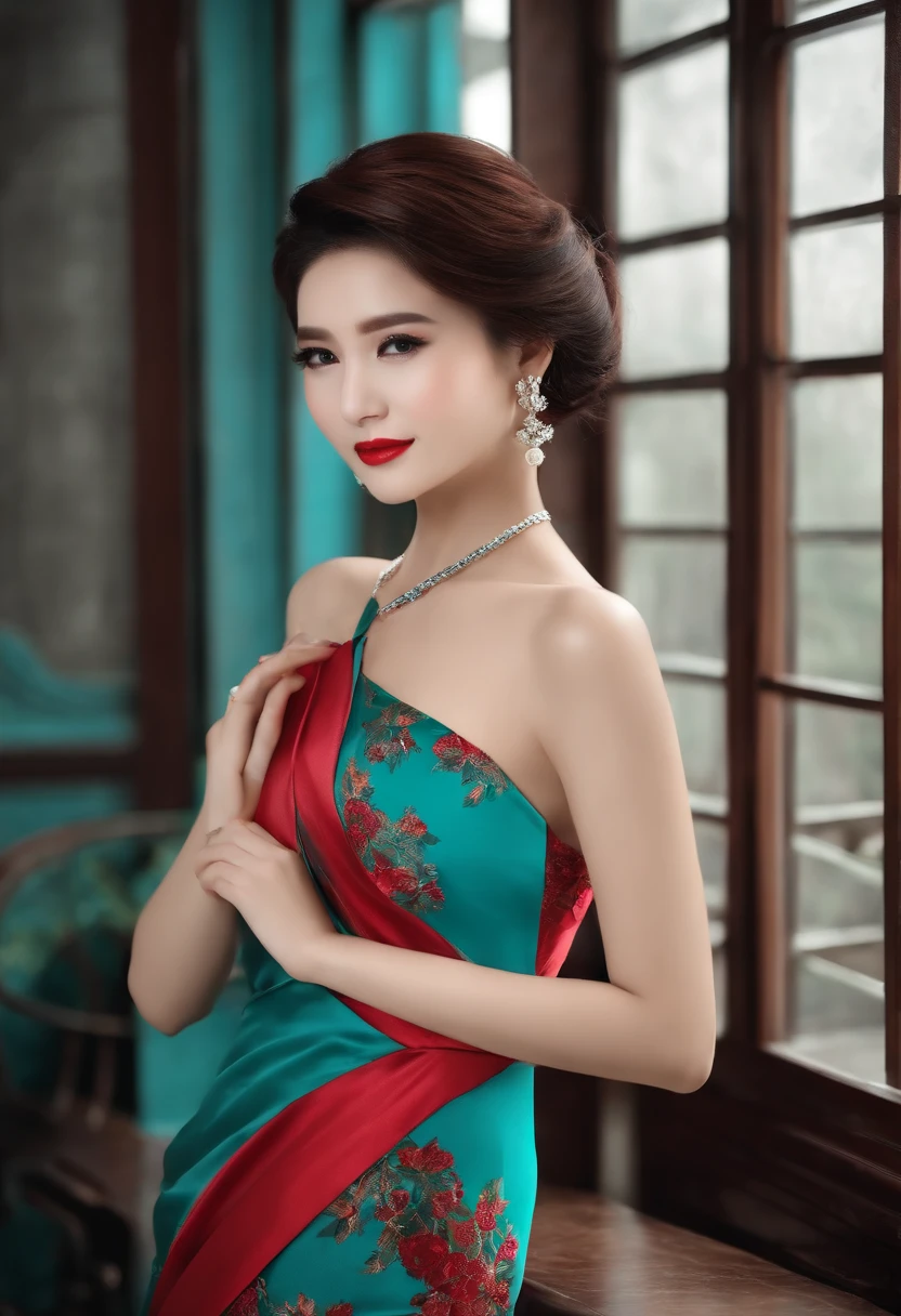A woman in a blue and red dress posing for a picture - SeaArt AI